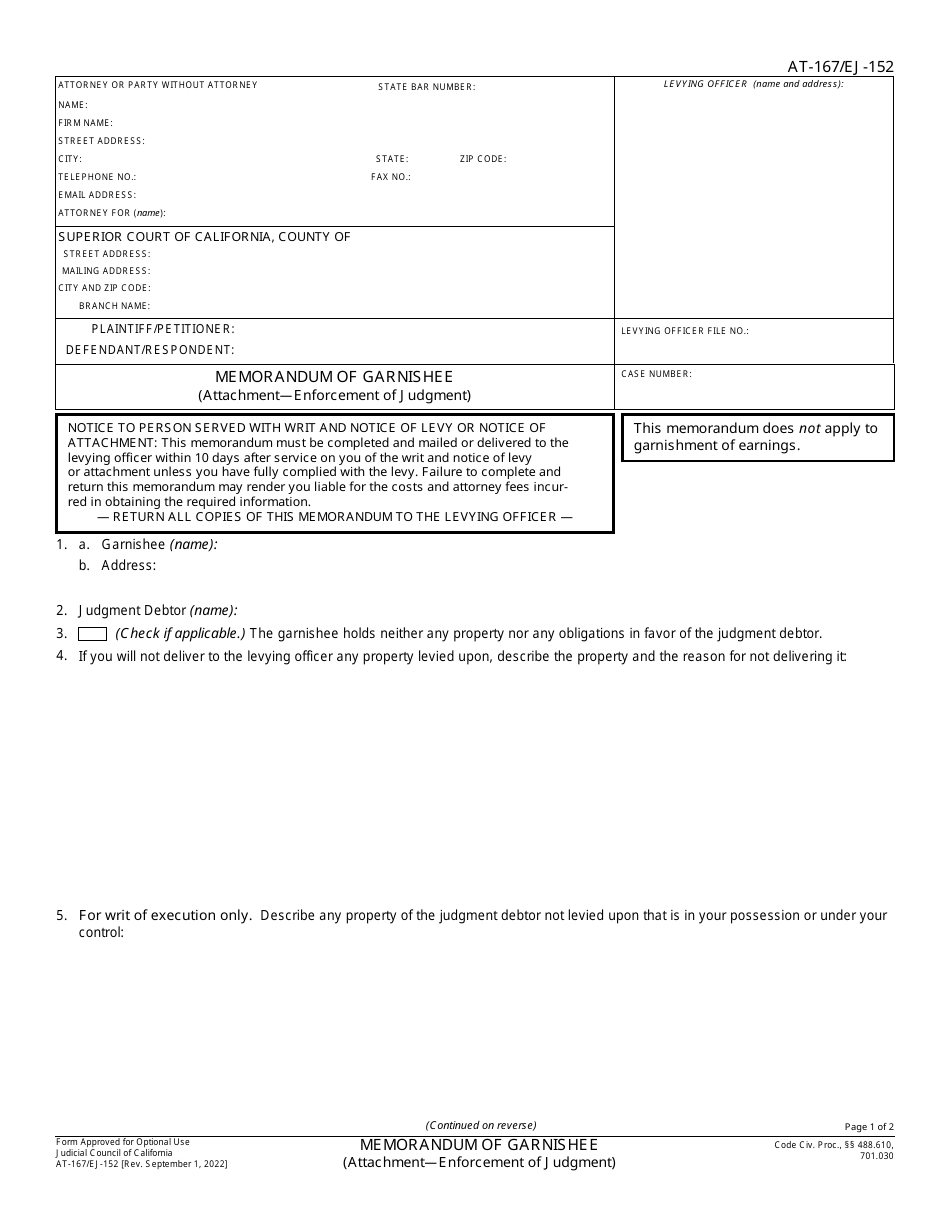 Form AT-167 (EJ-152) Download Fillable PDF or Fill Online Memorandum of ...