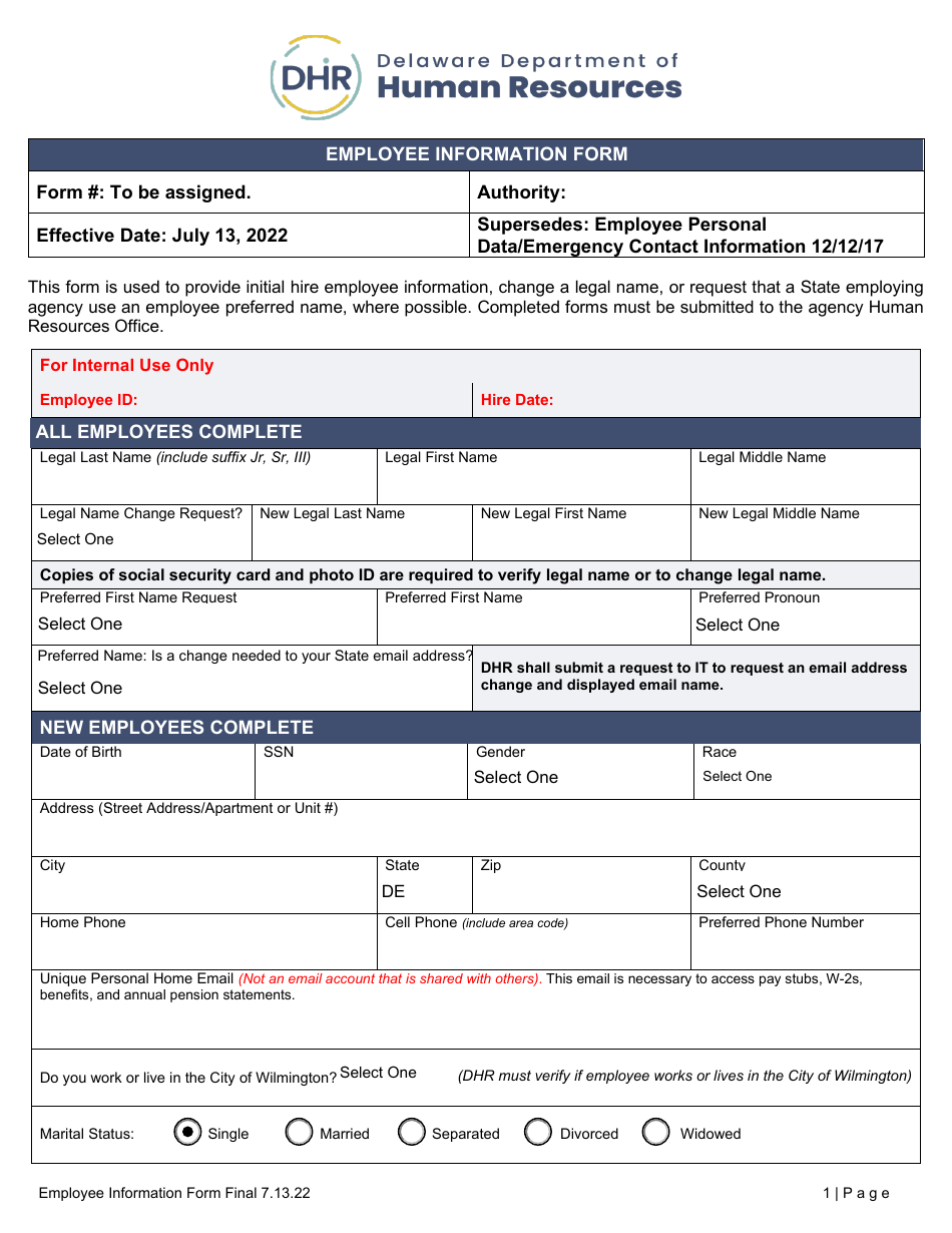 Delaware Employee Information Form - Fill Out, Sign Online and Download ...
