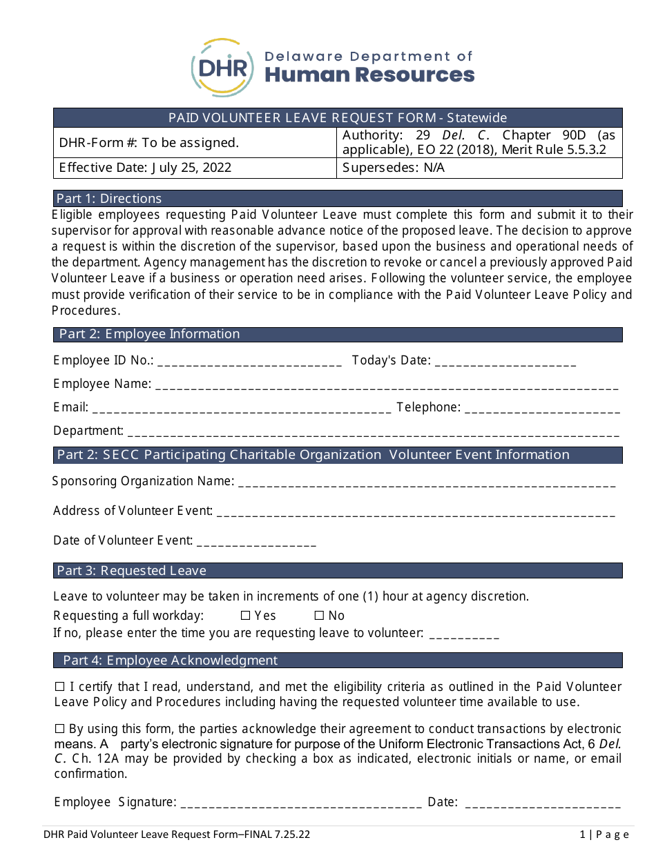 Delaware Paid Volunteer Leave Request Form - Statewide - Fill Out, Sign Online and Download PDF ...