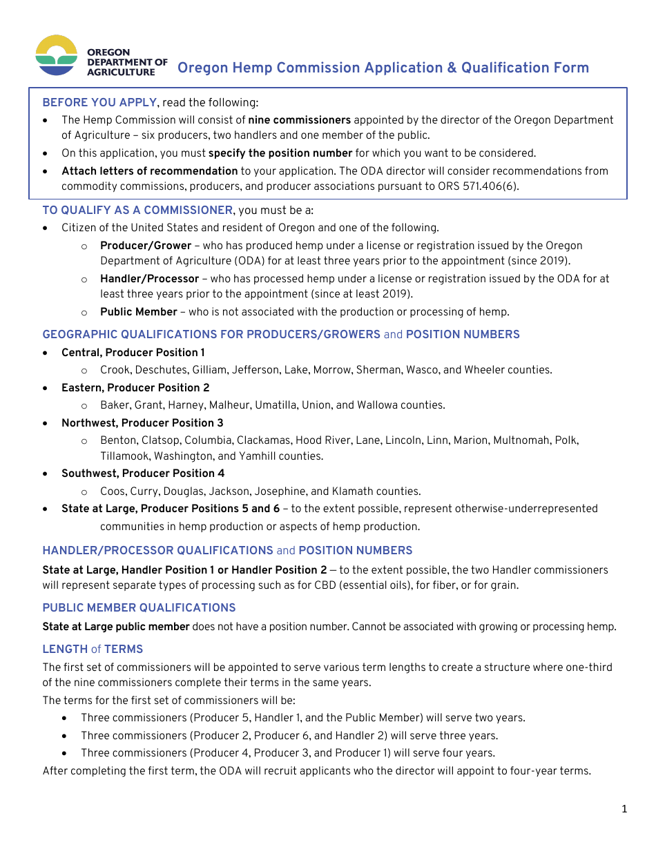 Oregon Oregon Hemp Commission Application & Qualification Form Download ...