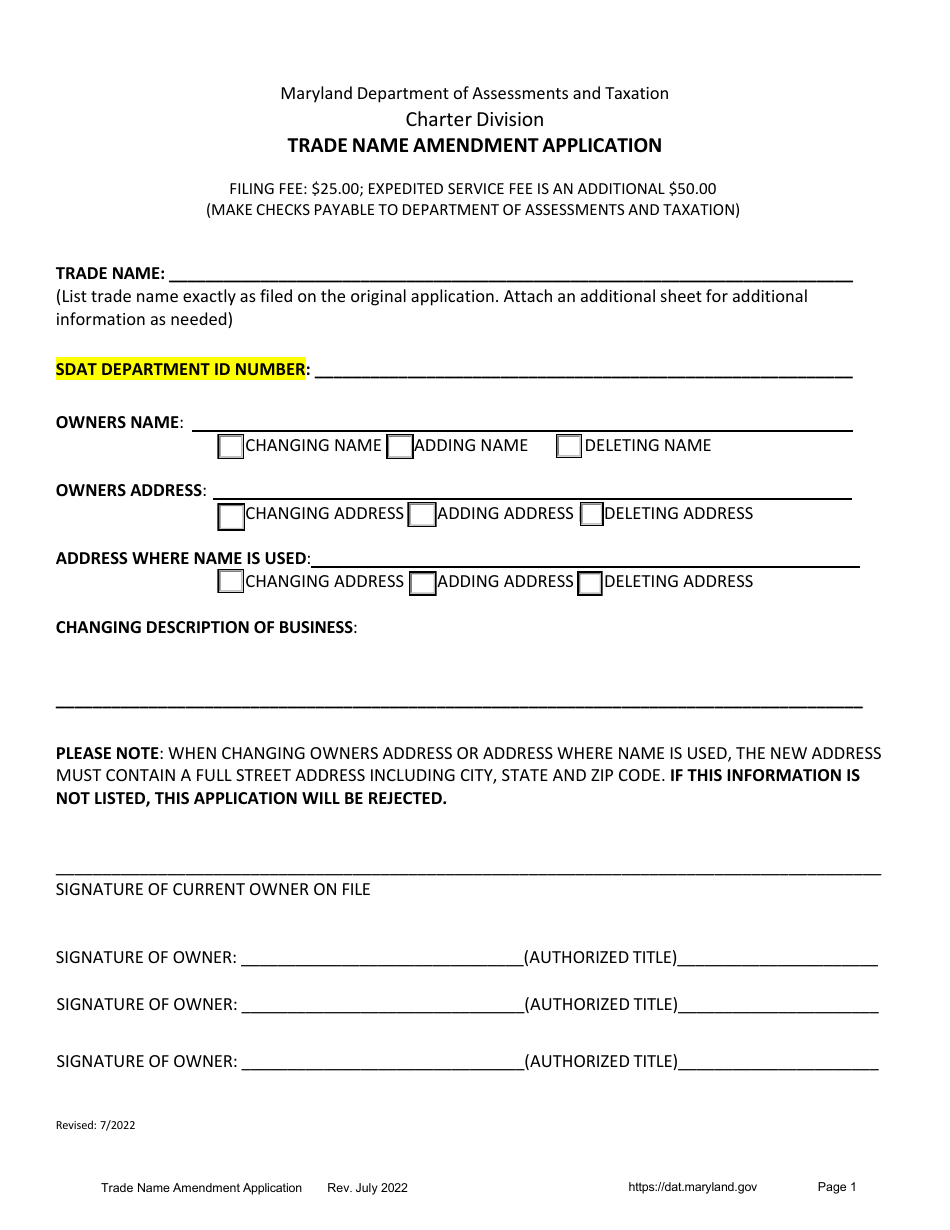 Maryland Trade Name Amendment Application - Fill Out, Sign Online and ...