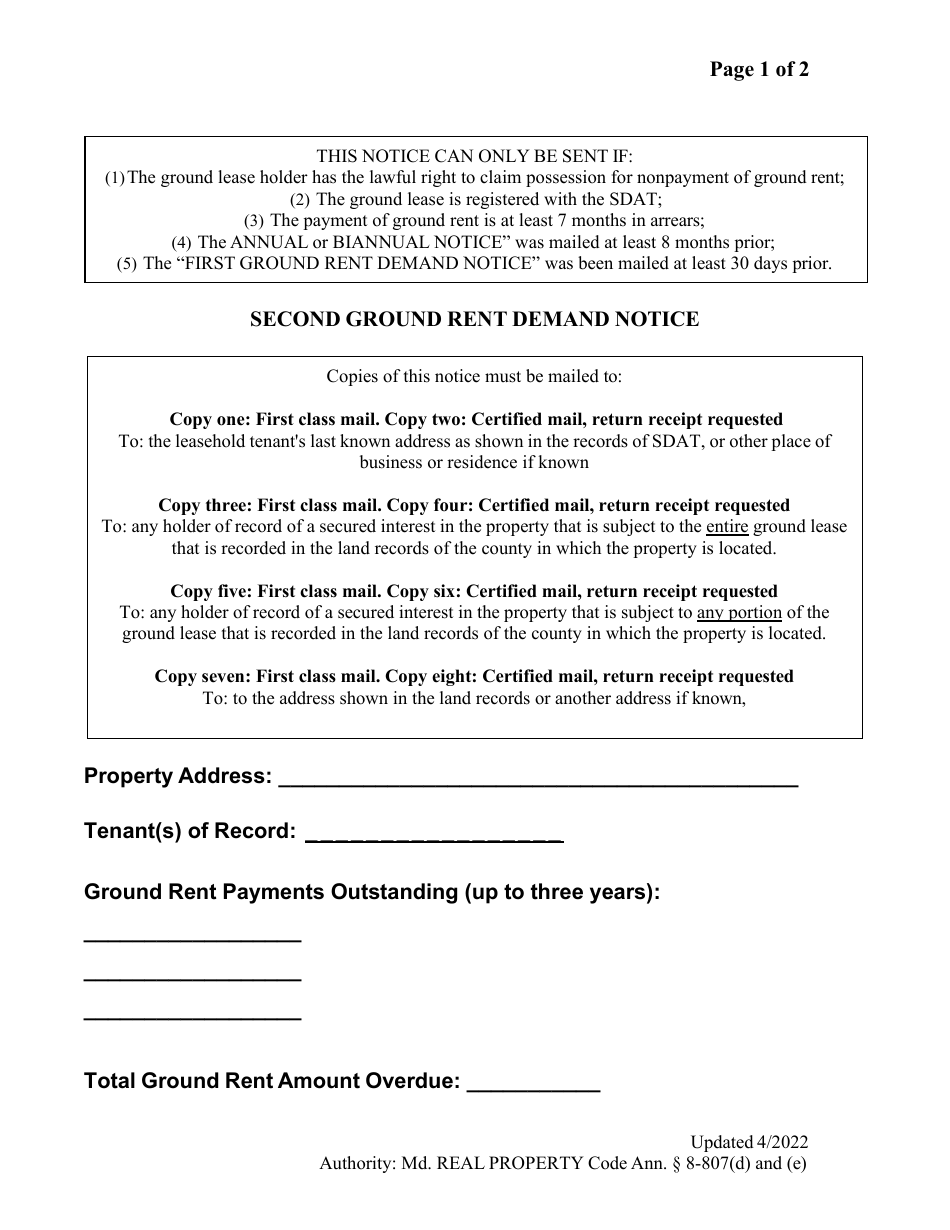Maryland Second Ground Rent Demand Notice - Fill Out, Sign Online and ...