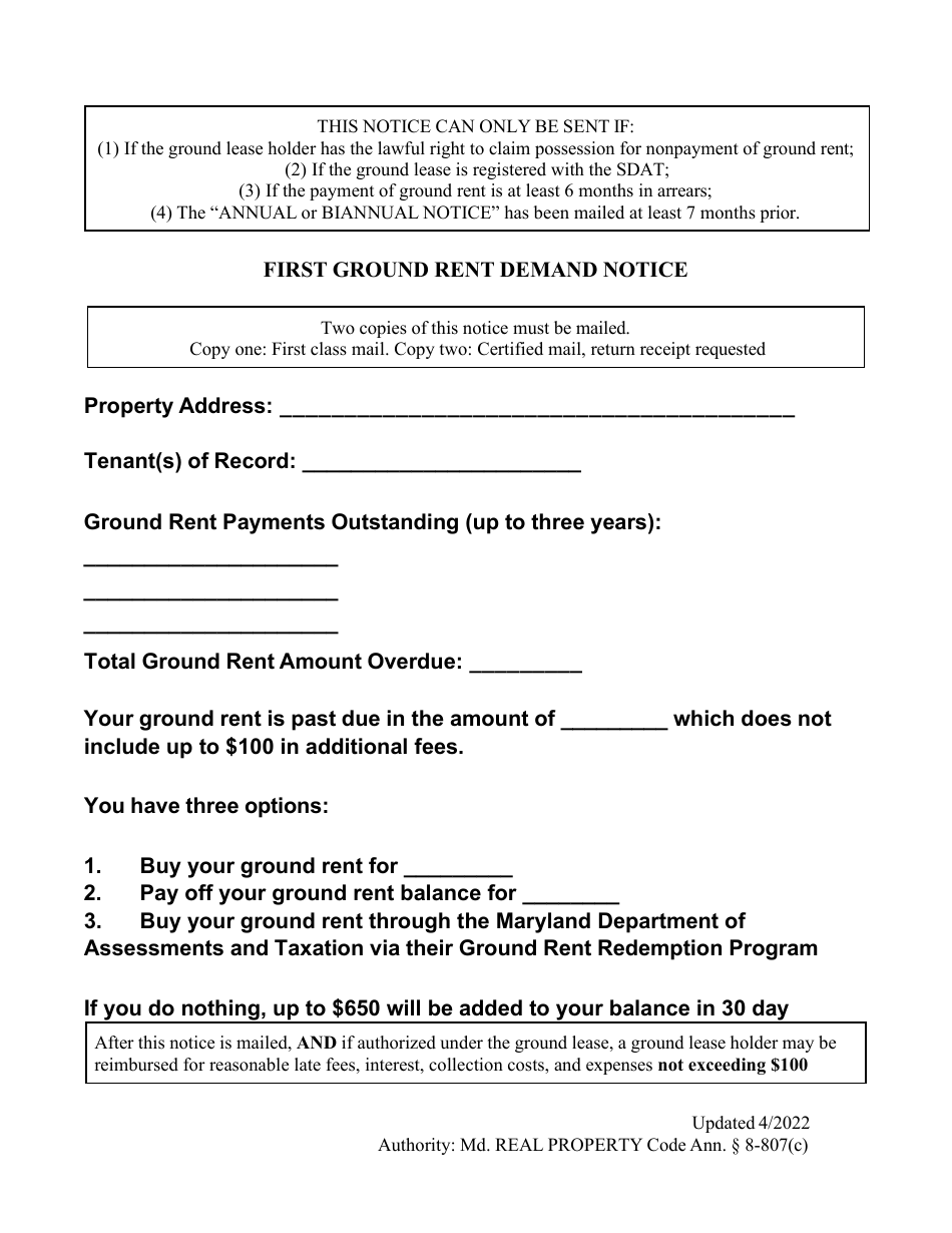 Maryland First Ground Rent Demand Notice - Fill Out, Sign Online and ...