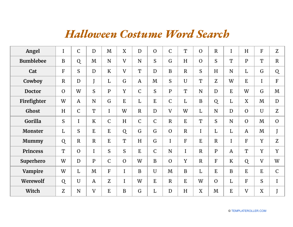 Halloween Costume Word Search Worksheet Download Printable PDF ...