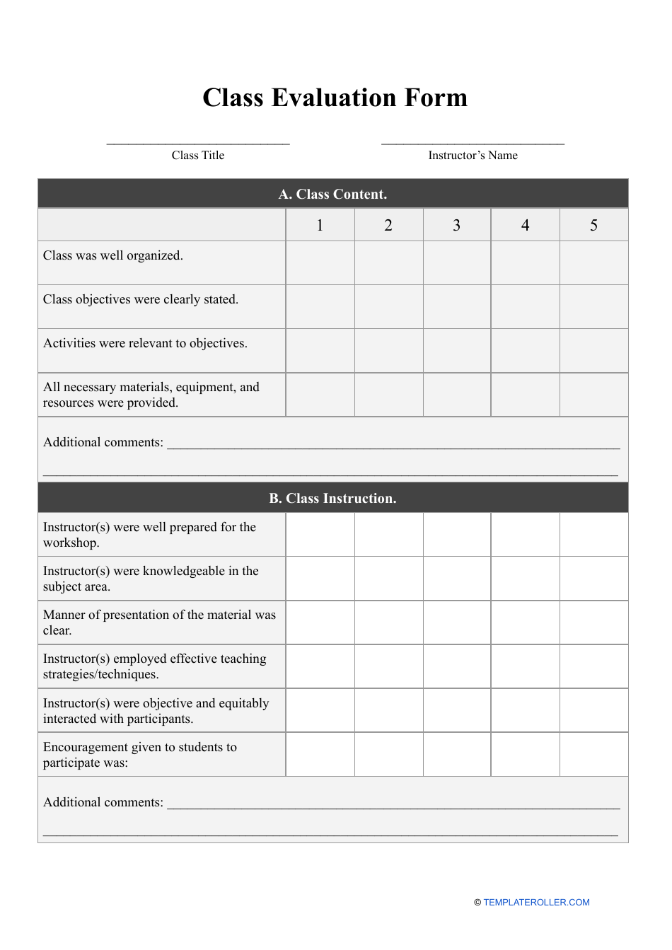 Class Evaluation Form Fill Out Sign Online And Download Pdf Templateroller