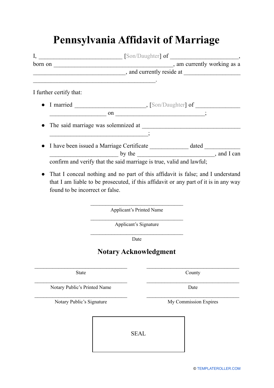 Pennsylvania Affidavit of Marriage - Fill Out, Sign Online and Download ...
