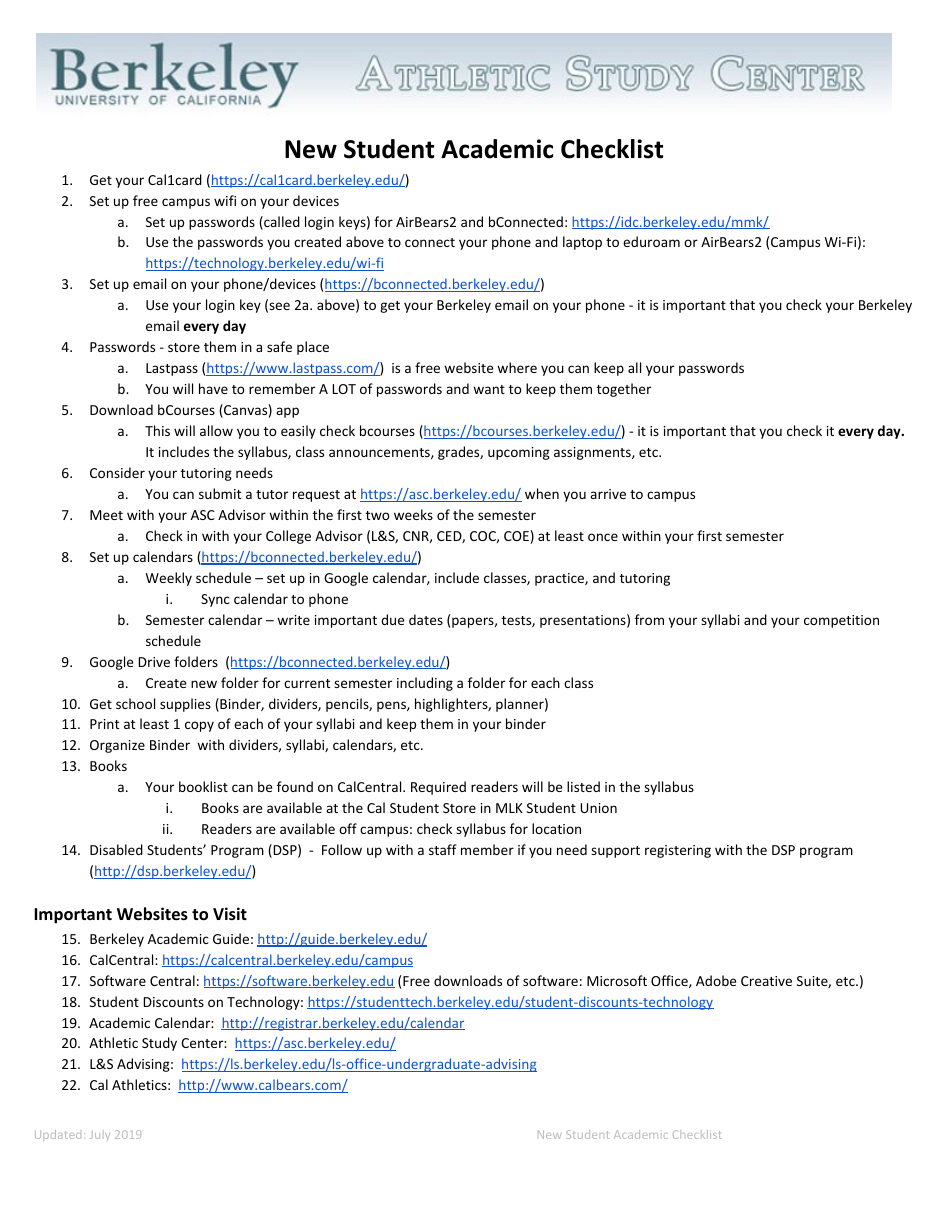 California New Student Academic Checklist - University of California ...