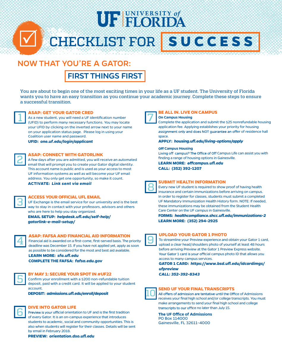 Florida Freshman Admitted Checklist - University of Florida - Success Download Printable PDF ...