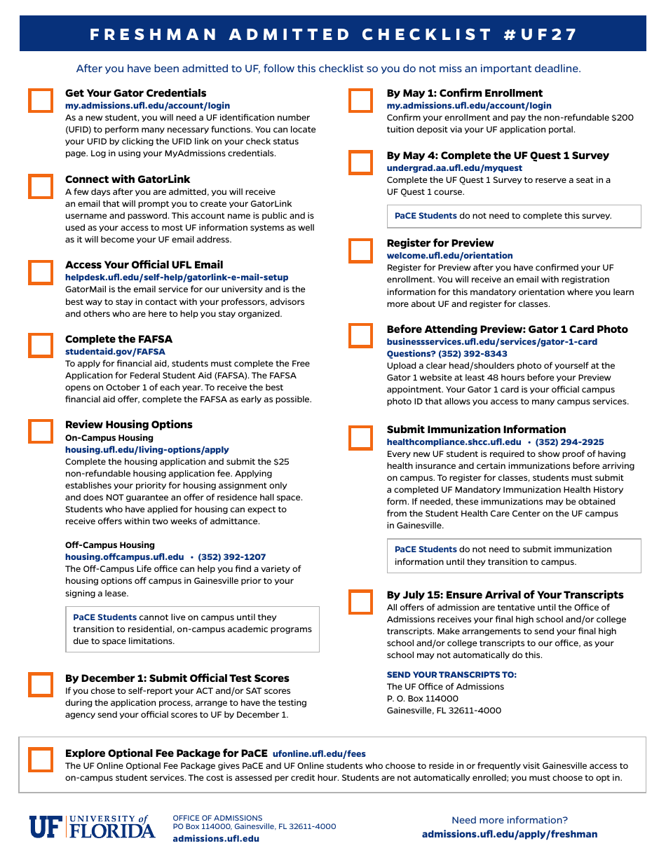 Florida Freshman Admitted Checklist - University of Florida - Uf27 ...