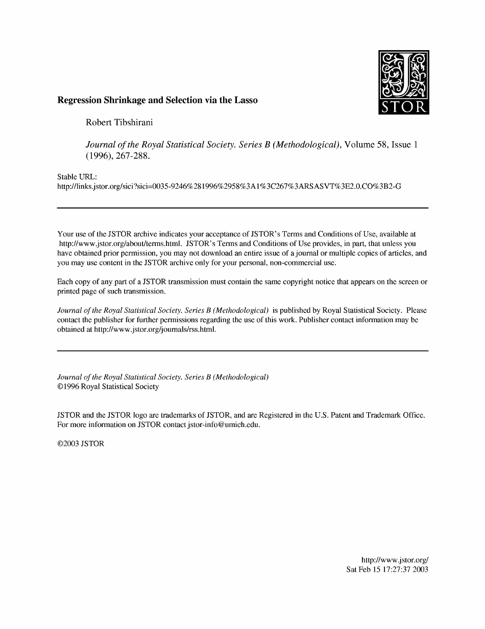 Regression Shrinkage and Selection via the Lasso - Robert Tibshirani ... Regression Shrinkage and Selection via the Lasso - Robert Tibshirani ...