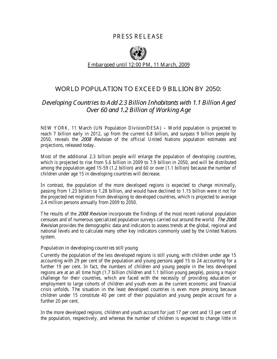 World Population to Exceed 9 Billion by 2050: Developing Countries to ...