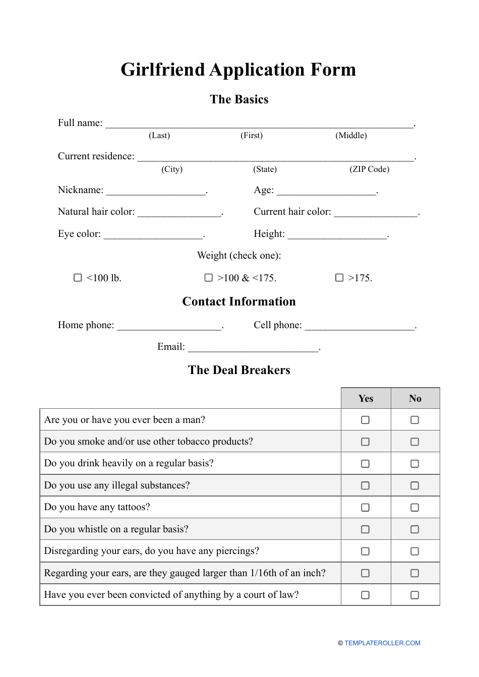 Girlfriend Application Form - Fill Out, Sign Online and Download PDF | Templateroller