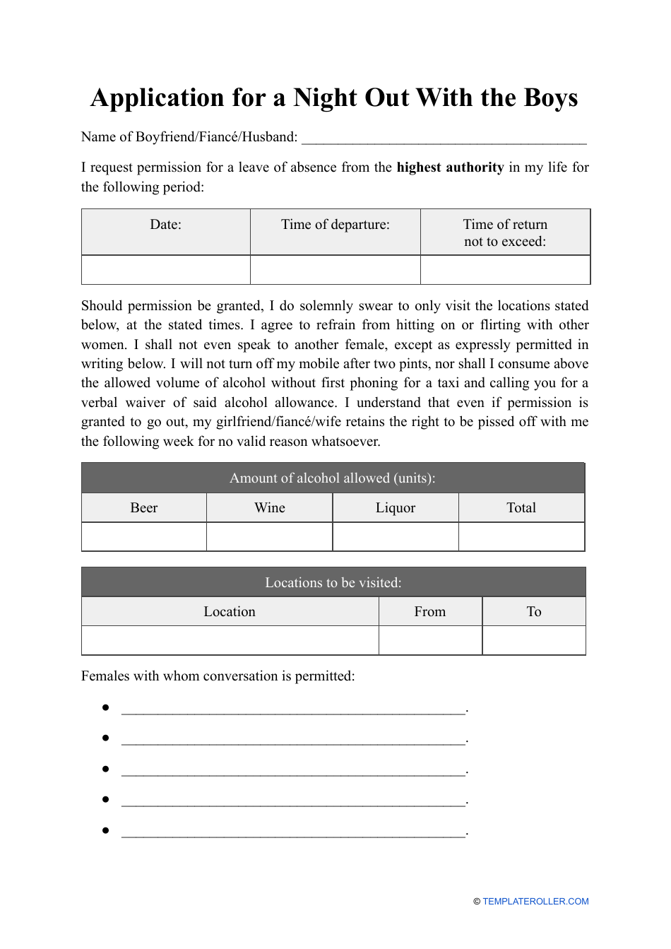 Application for a Night out With the Boys Download Printable PDF ...