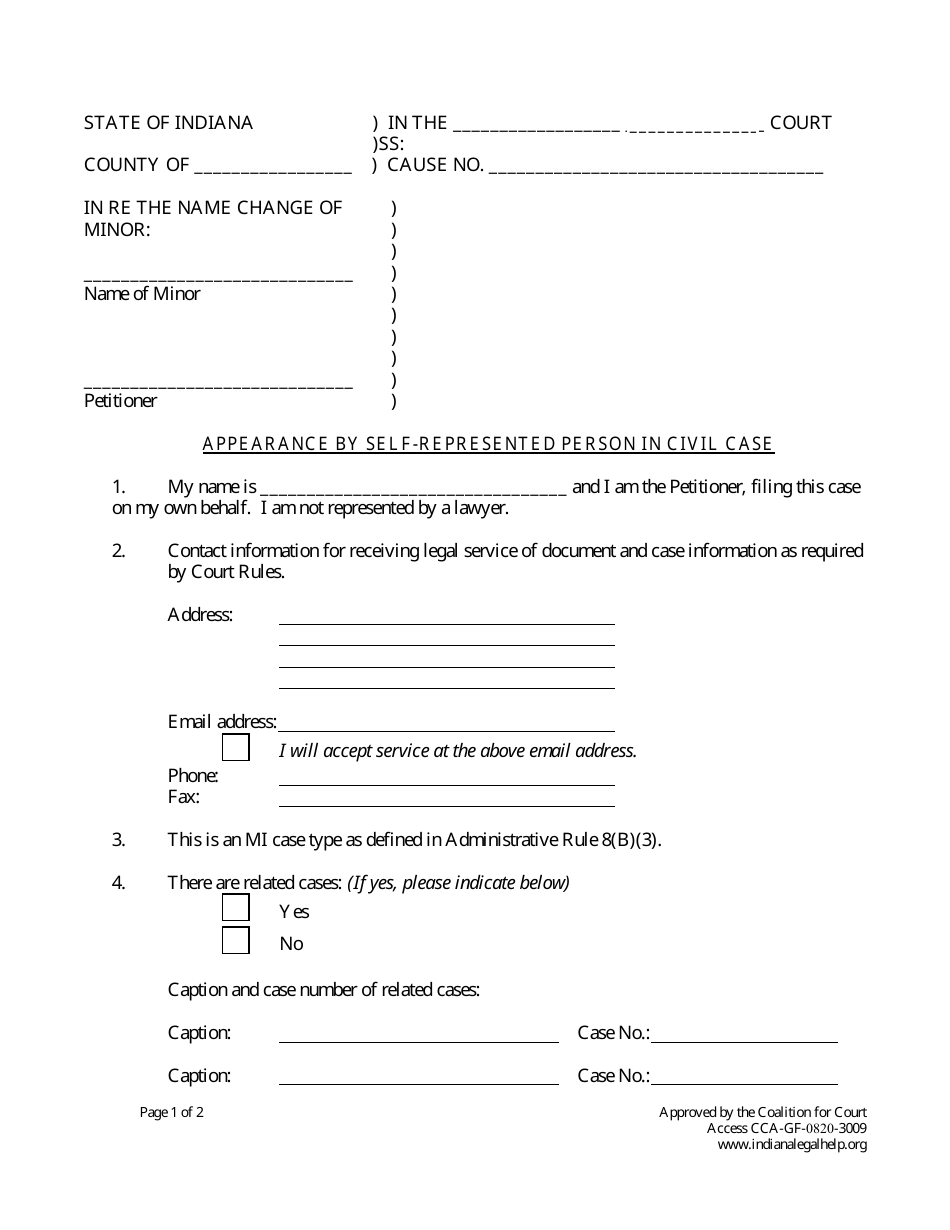 Indiana Minor Child Name Change With Consent of Other Parent - Fill Out ...