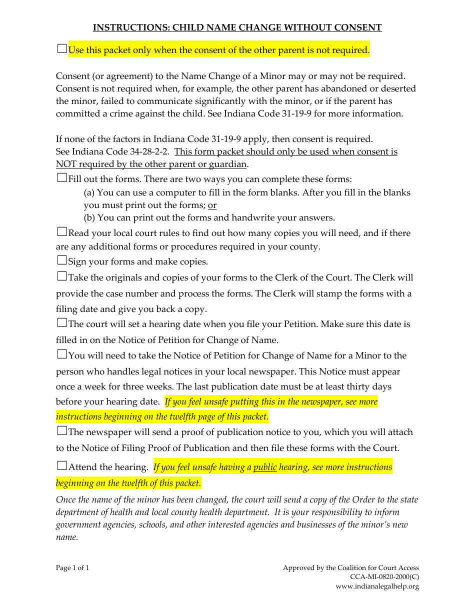 Indiana Minor Child Name Change Without Consent of Other Parent - Fill ... Indiana Minor Child Name Change Without Consent of Other Parent - Fill ...