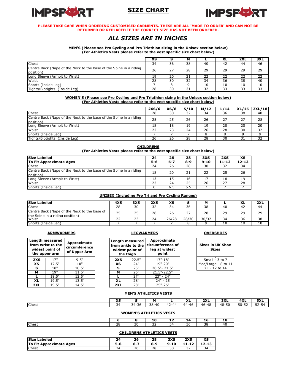 Sportswear Size Chart - Impsport Download Printable PDF | Templateroller