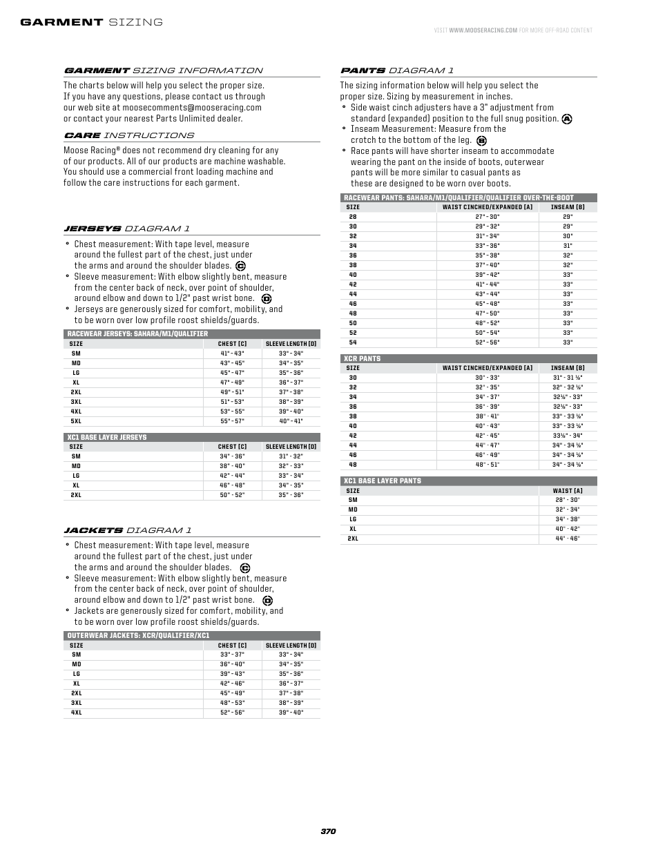 Racing Garment Sizing Chart - Moose Racing Download Printable PDF ...