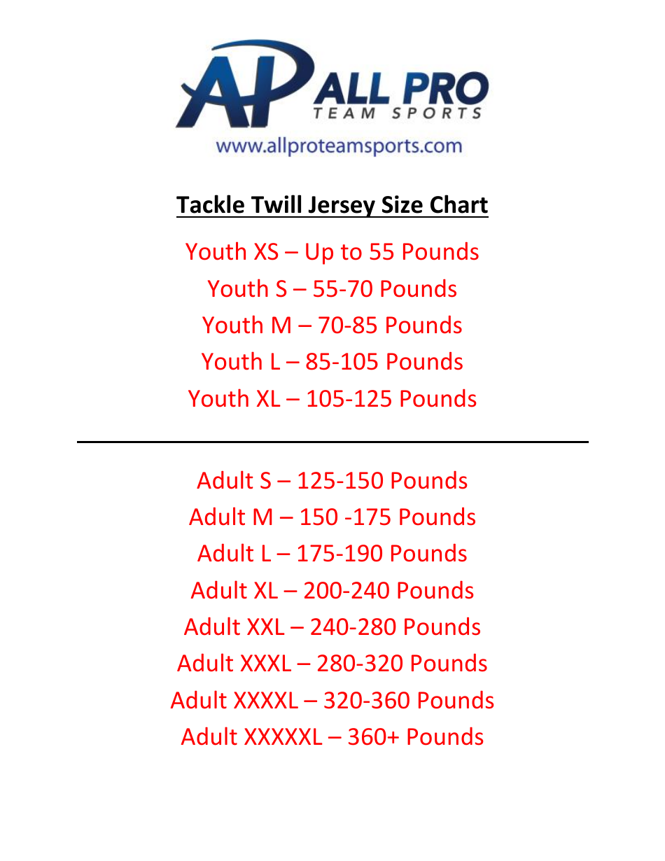 Tackle Twill Jersey Size Chart - All Pro Team Sports Download Printable ...