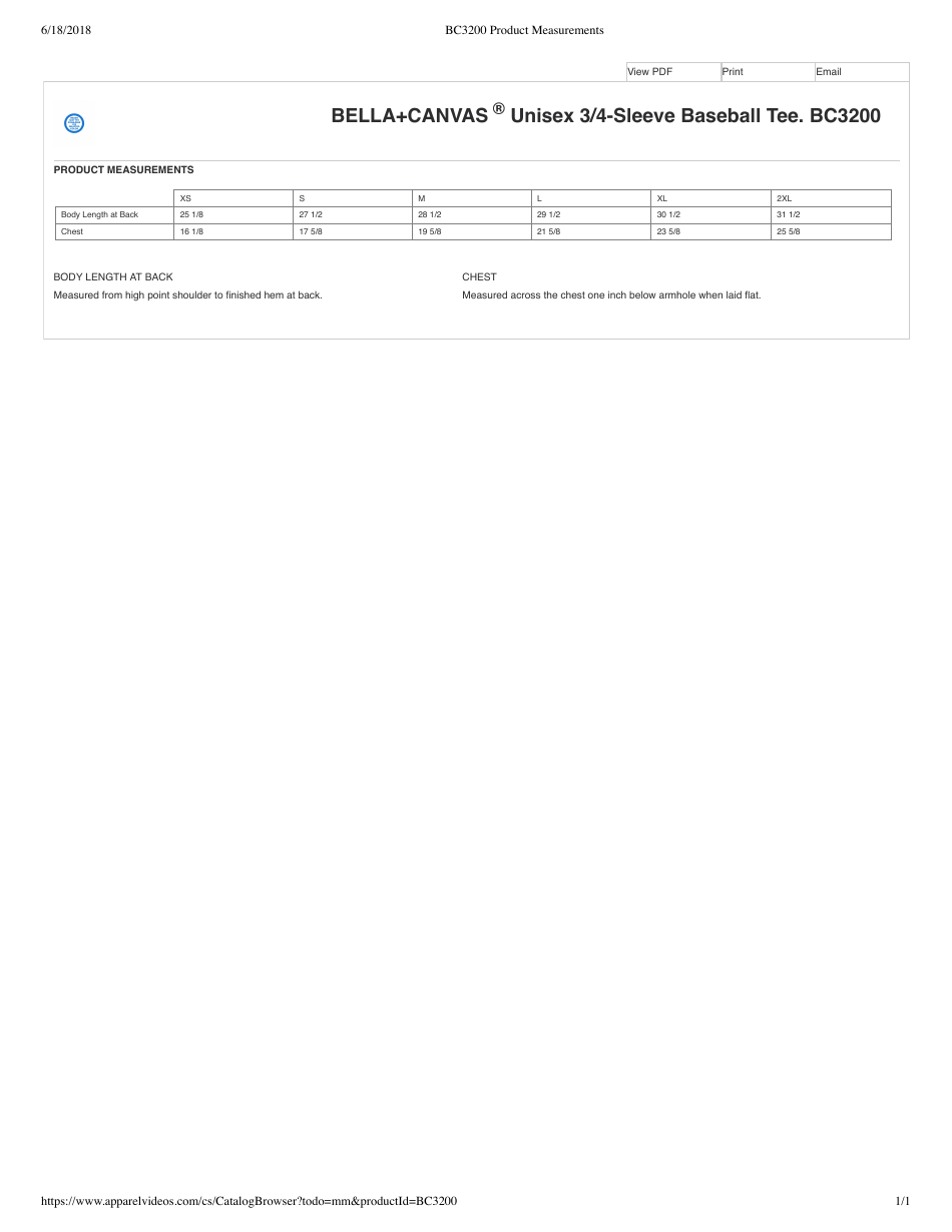 Unisex 3/4-sleeve Baseball Tee Size Chart - Bella+canvas - Table ...