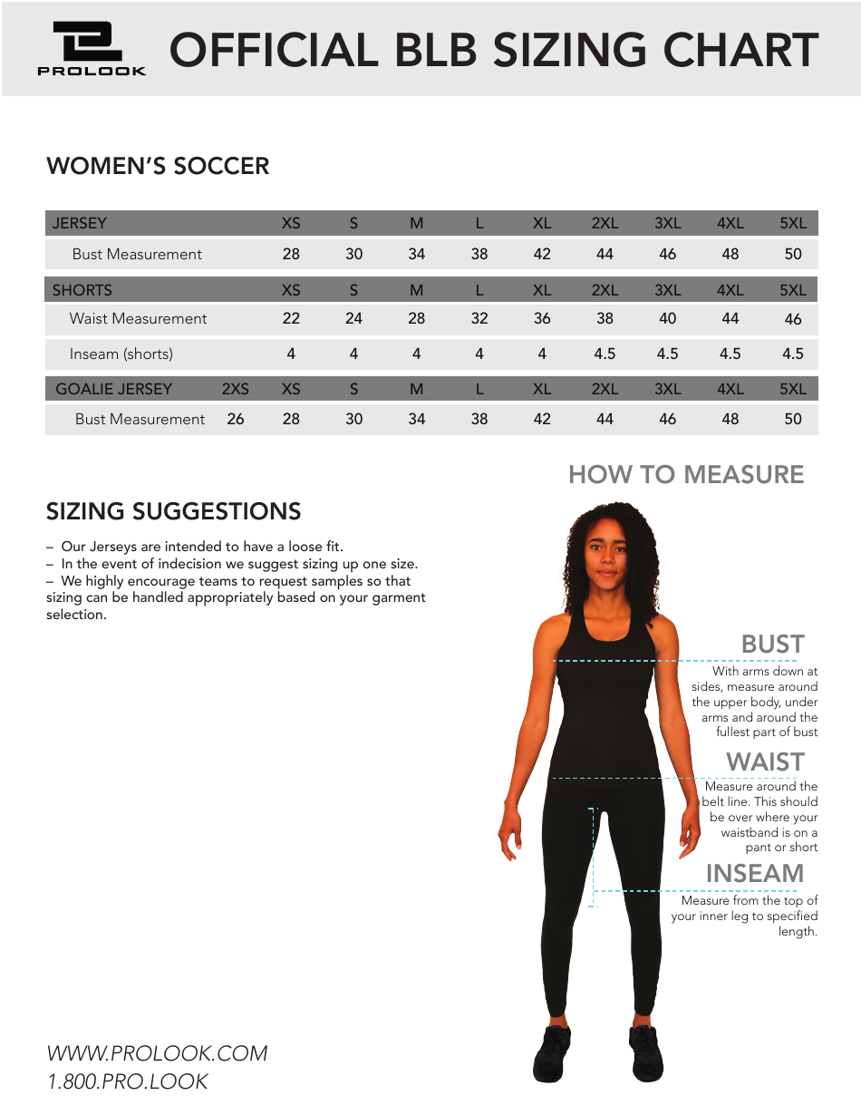 Women's Soccer Outfit Size Chart - Prolook Download Printable PDF ...