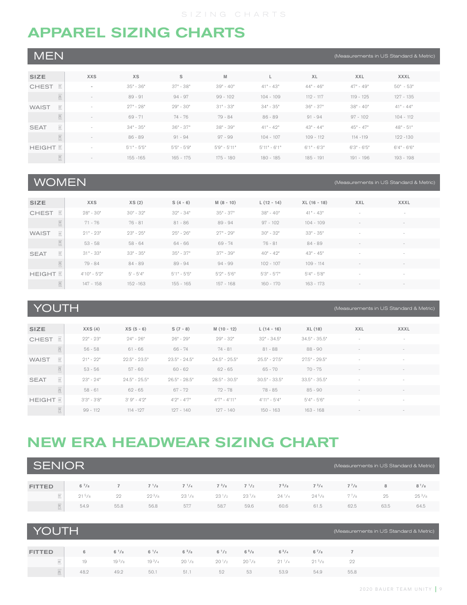Apparel & Headwear Size Chart - Bauer Download Printable PDF | Templateroller
