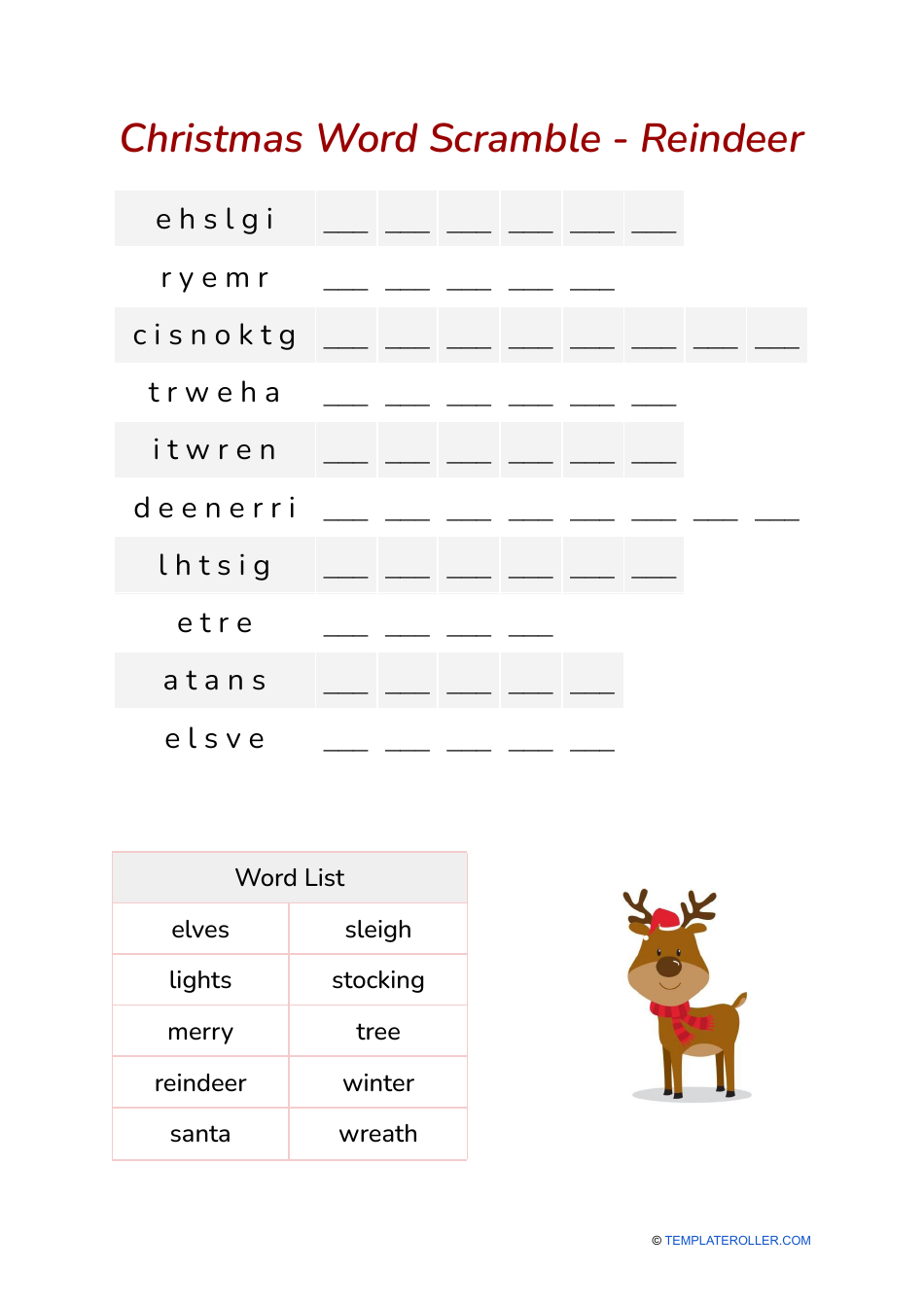 Christmas Word Scramble - Reindeer Download Printable PDF | Templateroller