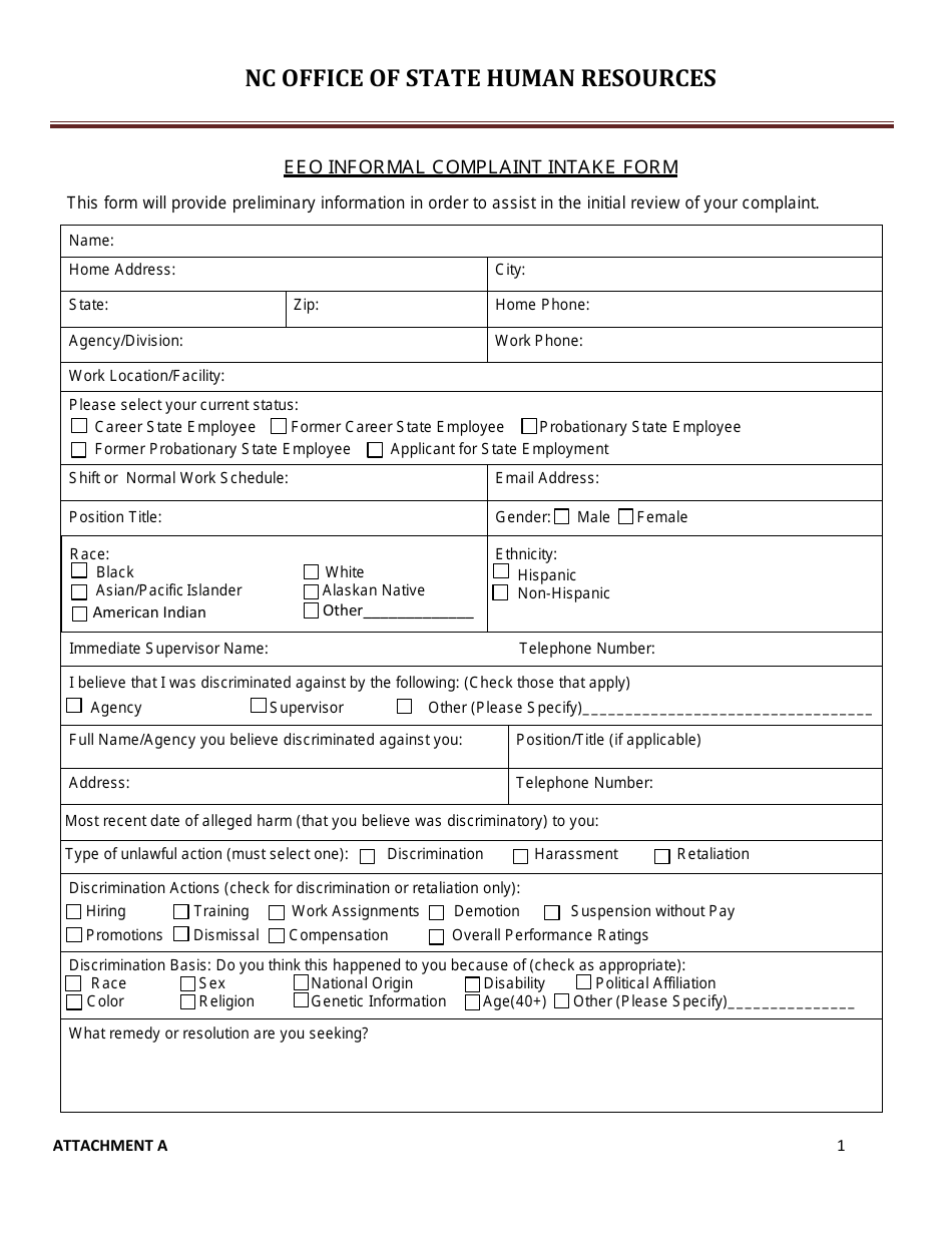 North Carolina EEO Informal Complaint Intake Form - Fill Out, Sign ...
