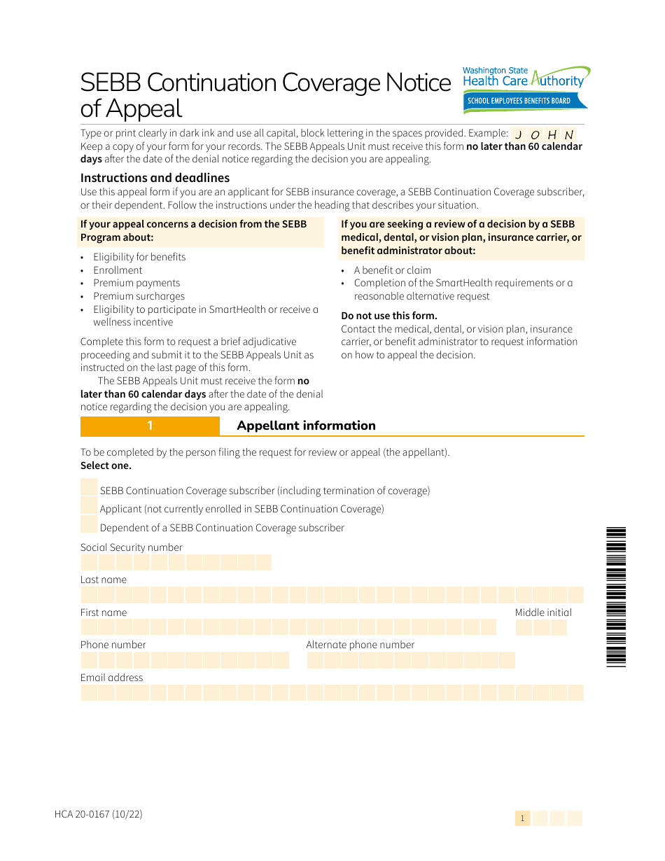 Form HCA20-0167 - Fill Out, Sign Online and Download Fillable PDF ...