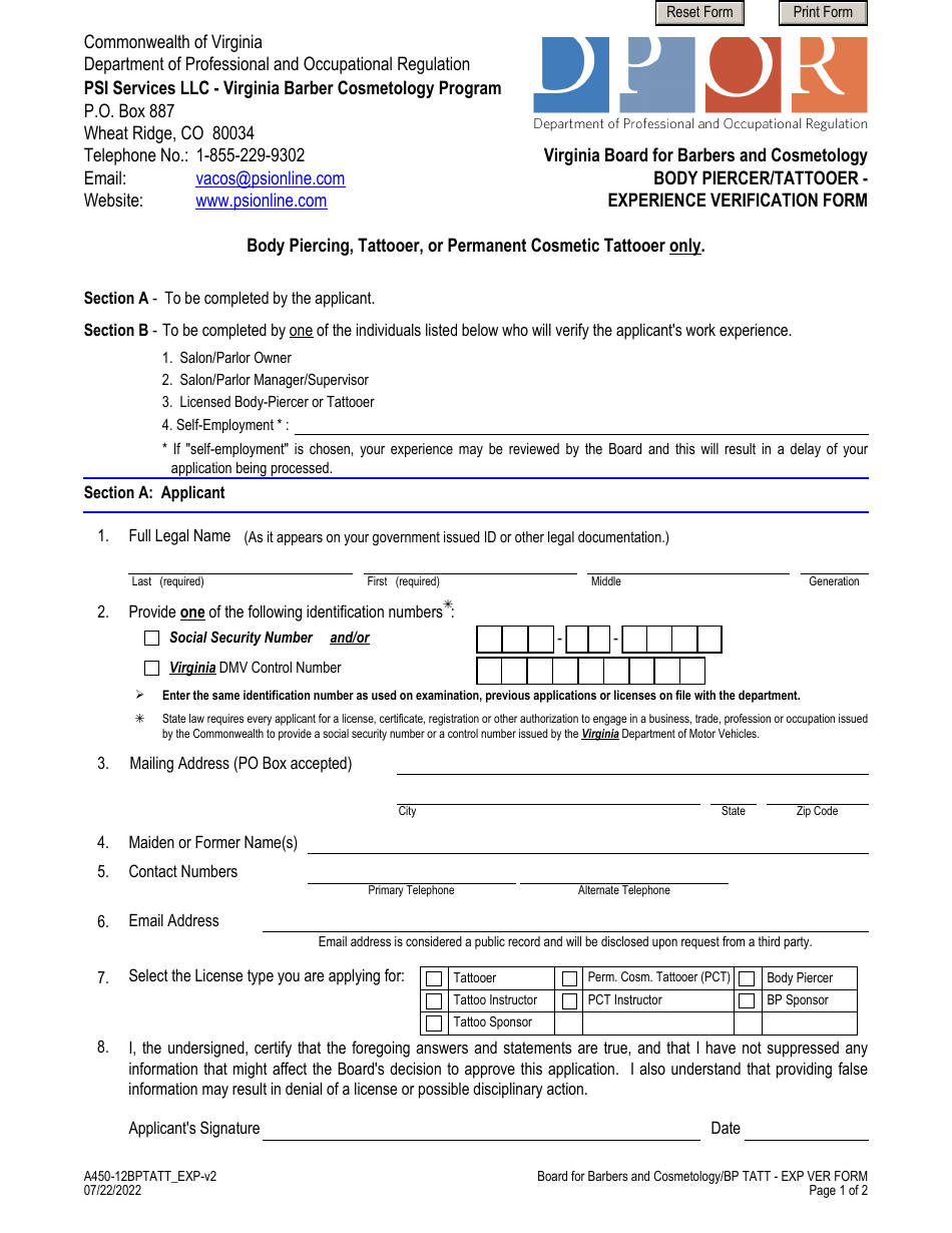 Form A450-12BPTATT_EXP - Fill Out, Sign Online and Download Fillable PDF, Virginia | Templateroller
