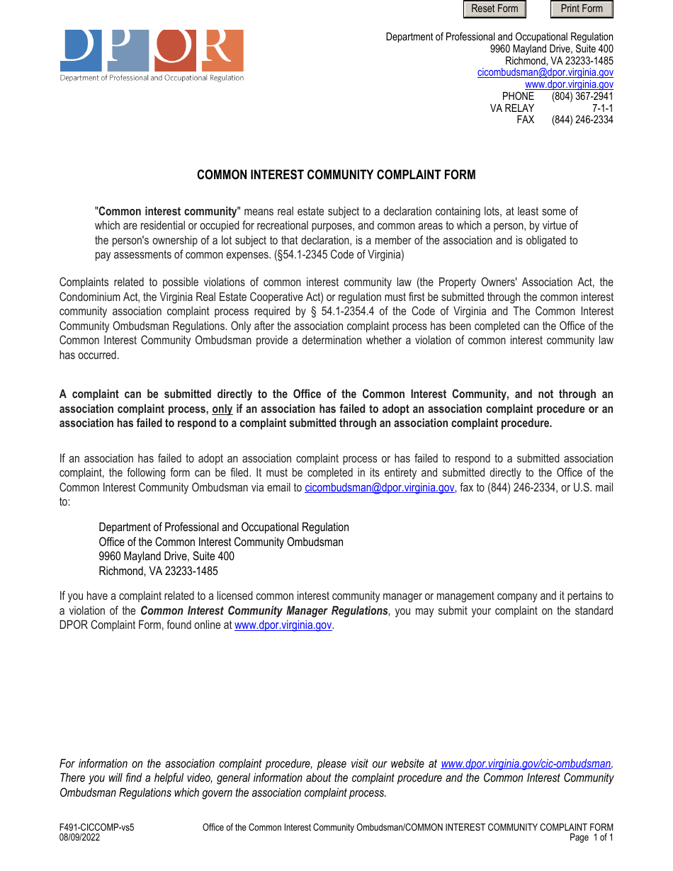 Form F491-CICCOMP Download Fillable PDF or Fill Online Common Interest ...