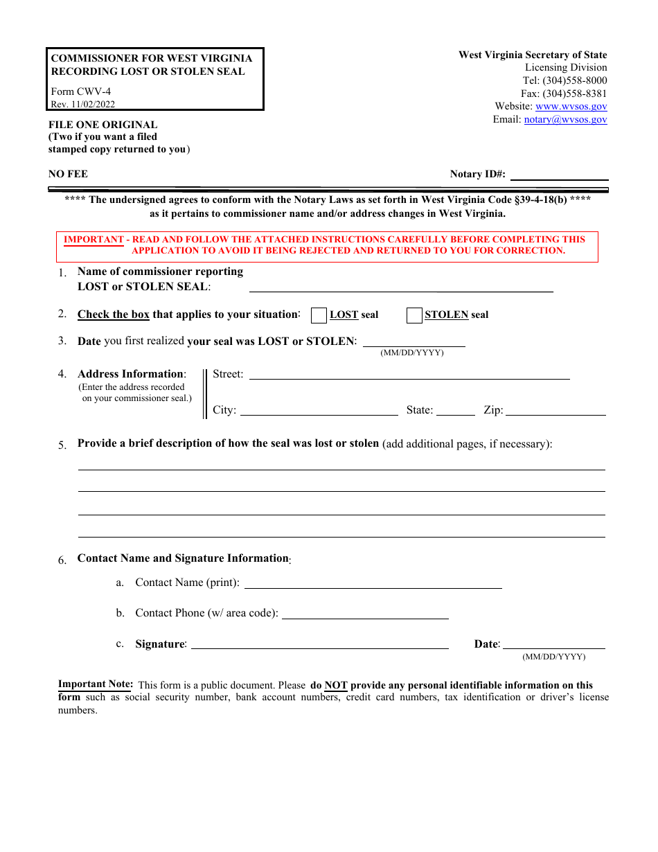 Form CWV-4 Download Fillable PDF or Fill Online Commissioner for West ... Form CWV-4 Download Fillable PDF or Fill Online Commissioner for West ...