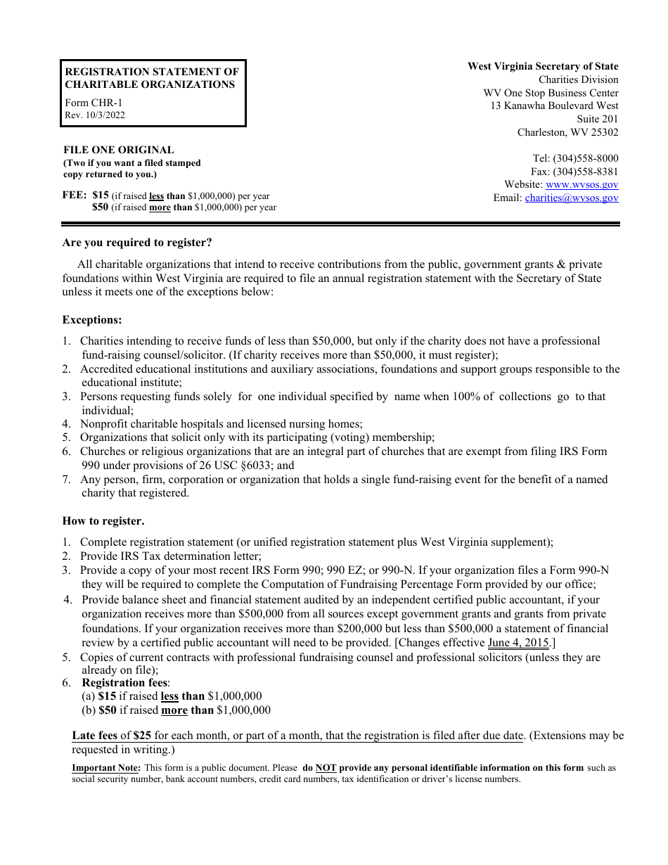 Form CHR-1 Download Fillable PDF or Fill Online Registration Statement of Charitable ...