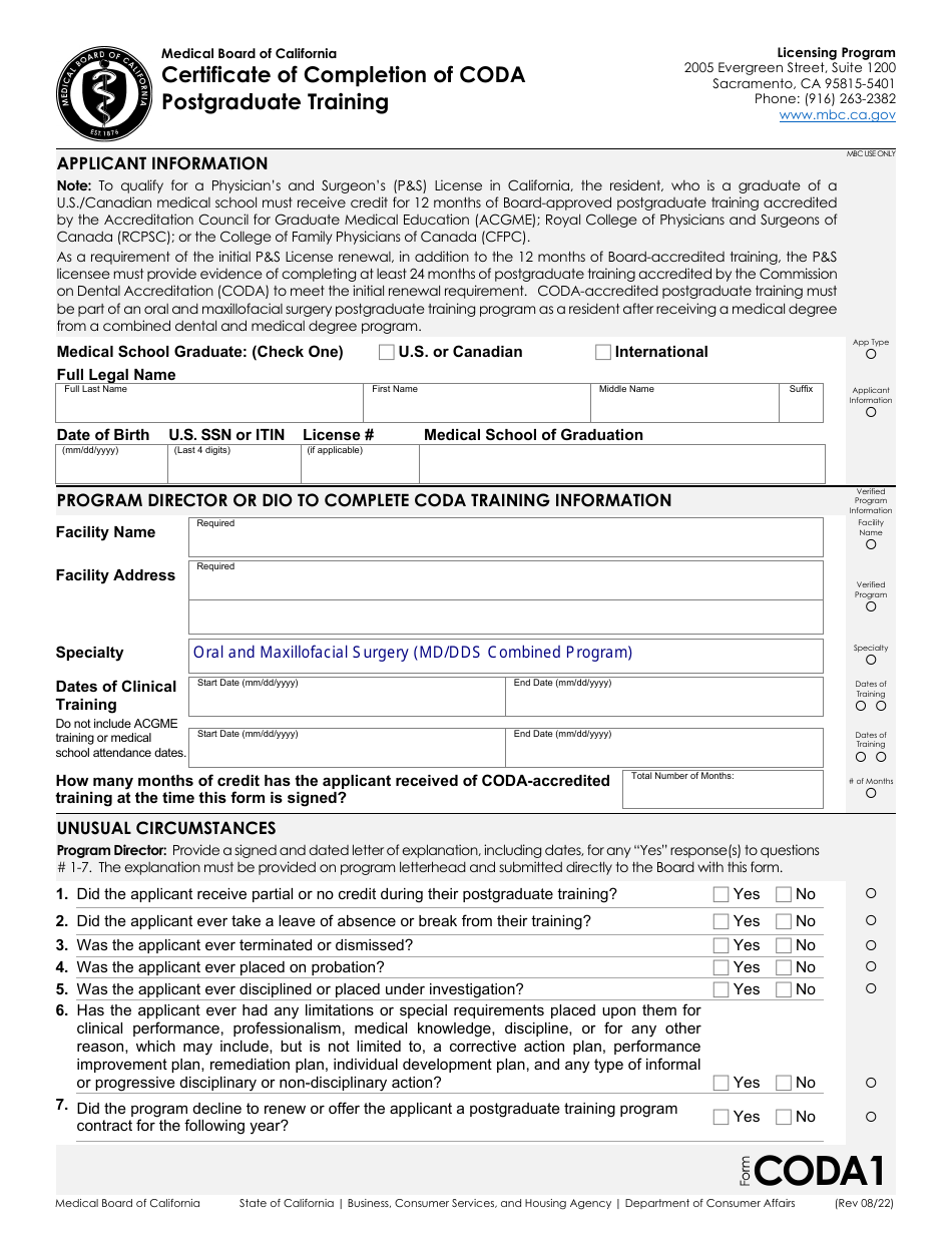 Form CODA Download Fillable PDF or Fill Online Certificate of ...