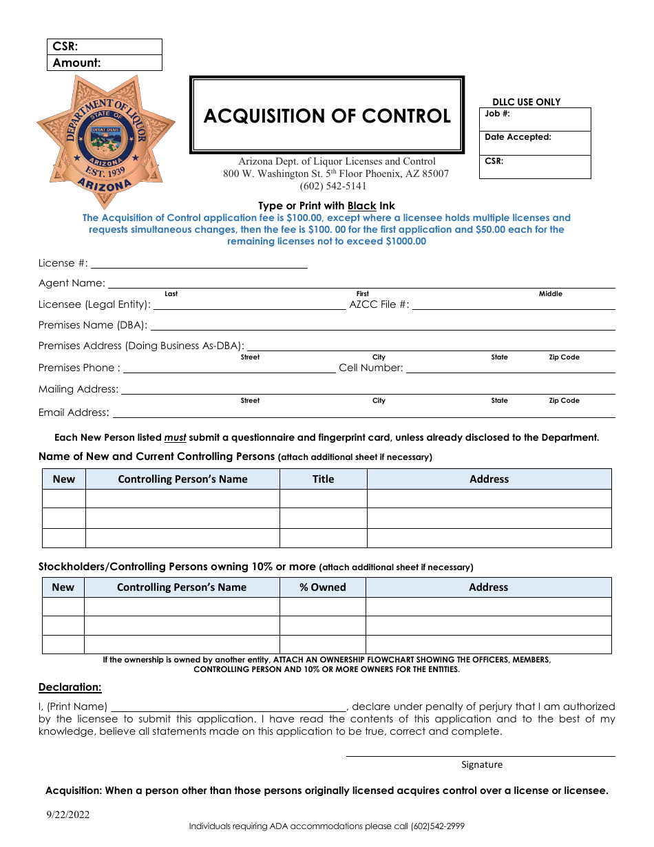 Arizona Acquisition of Control - Fill Out, Sign Online and Download PDF ...
