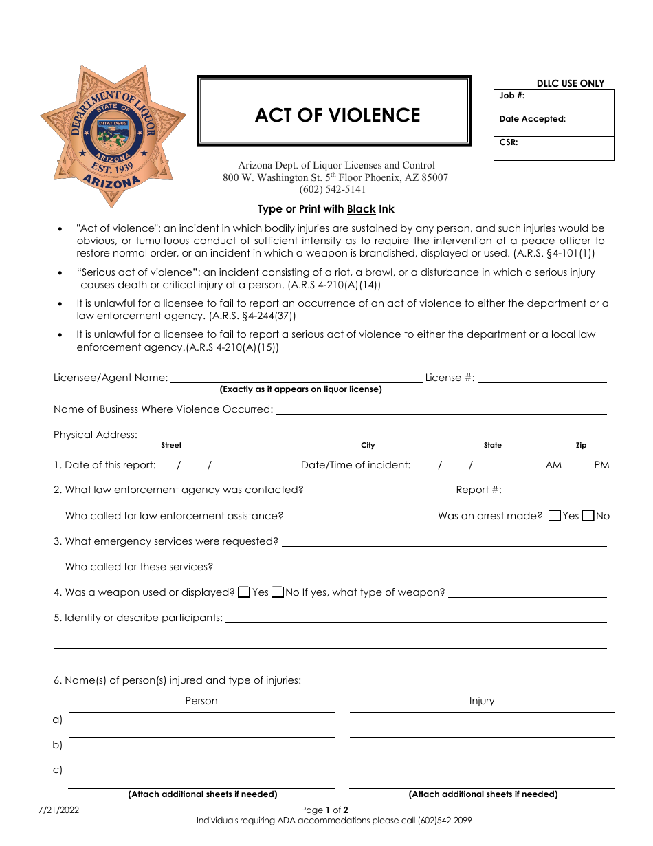 Arizona Act of Violence Report Download Fillable PDF | Templateroller