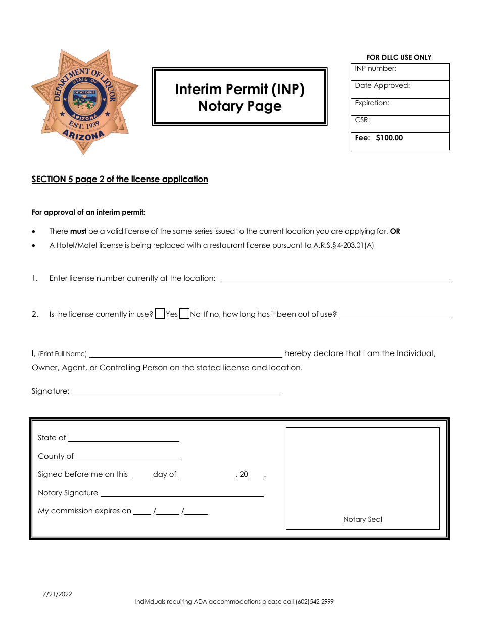 Arizona Interim Permit (Inp) Notary Page Download Fillable PDF ...