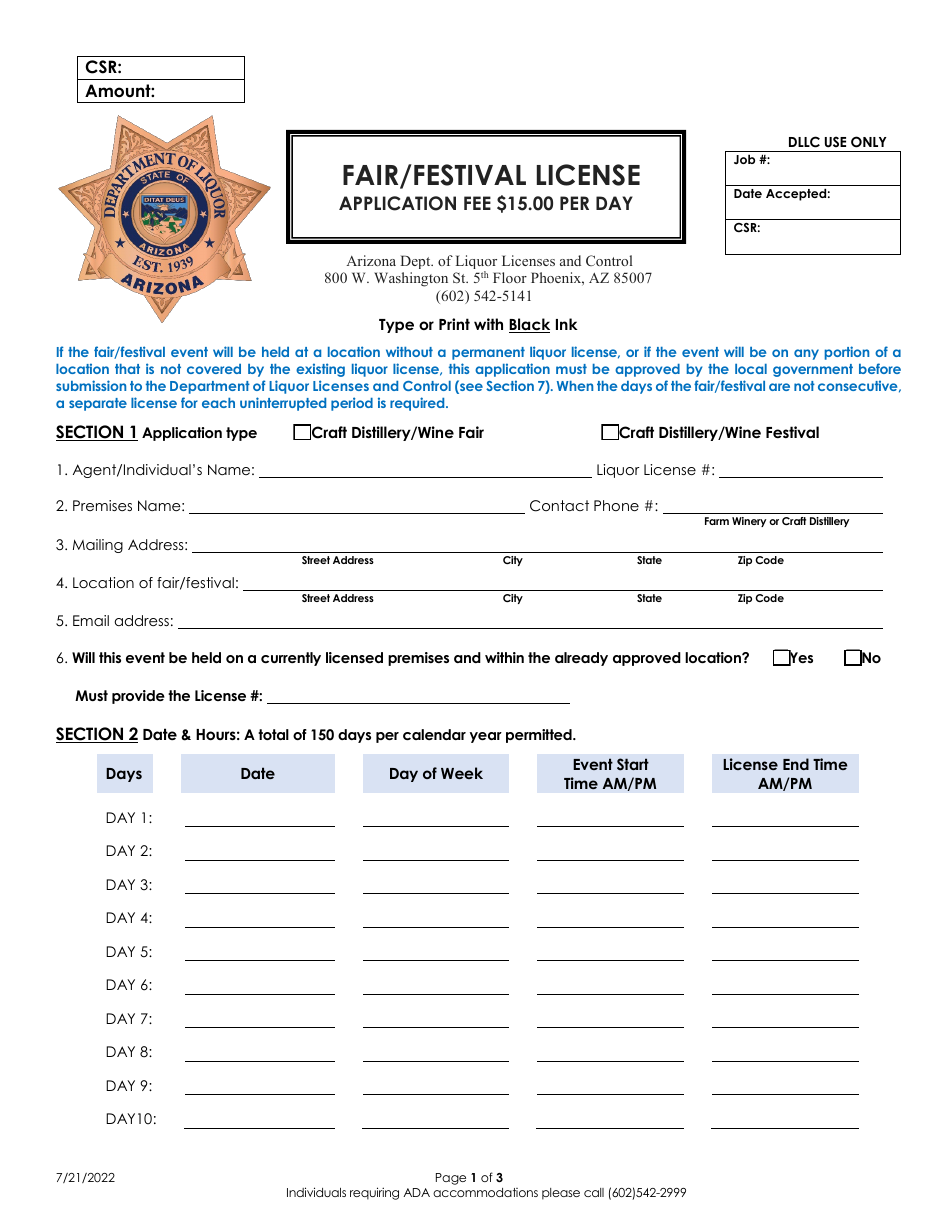 Arizona Fair/Festival License Application Download Fillable PDF ...