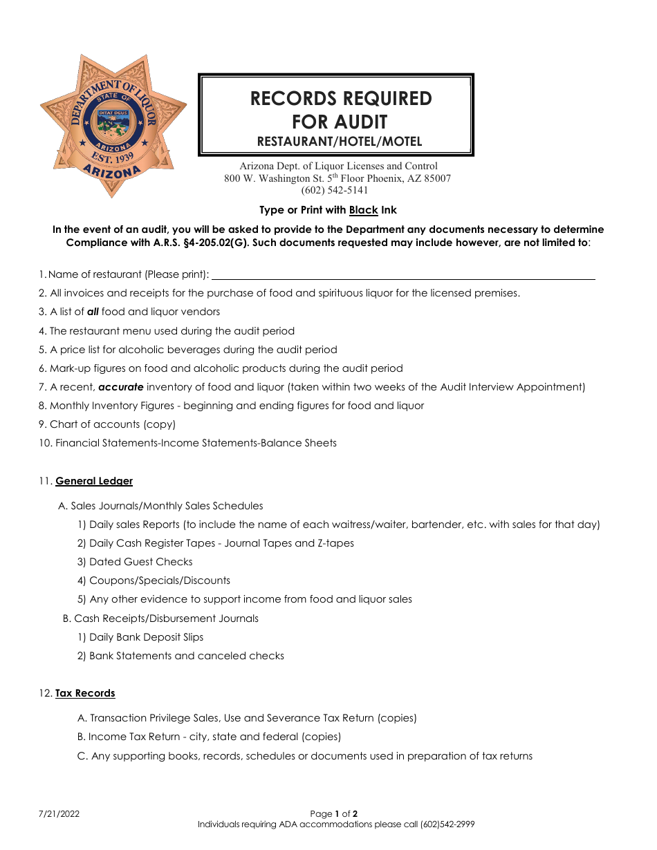 Arizona Records Required for Audit - Restaurant/Hotel/Motel - Fill Out ...