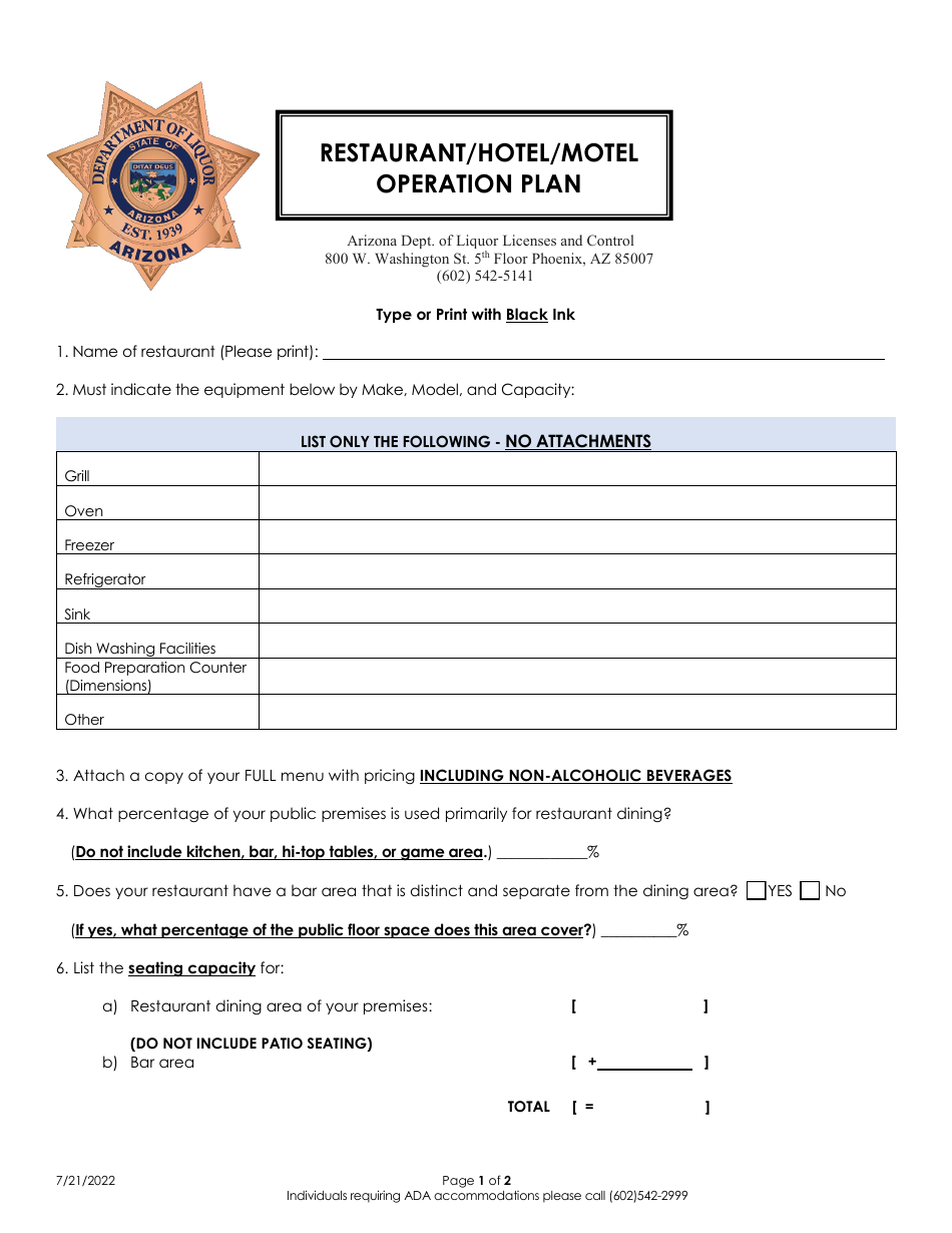 Arizona Restaurant/Hotel/Motel Operation Plan - Fill Out, Sign Online ...