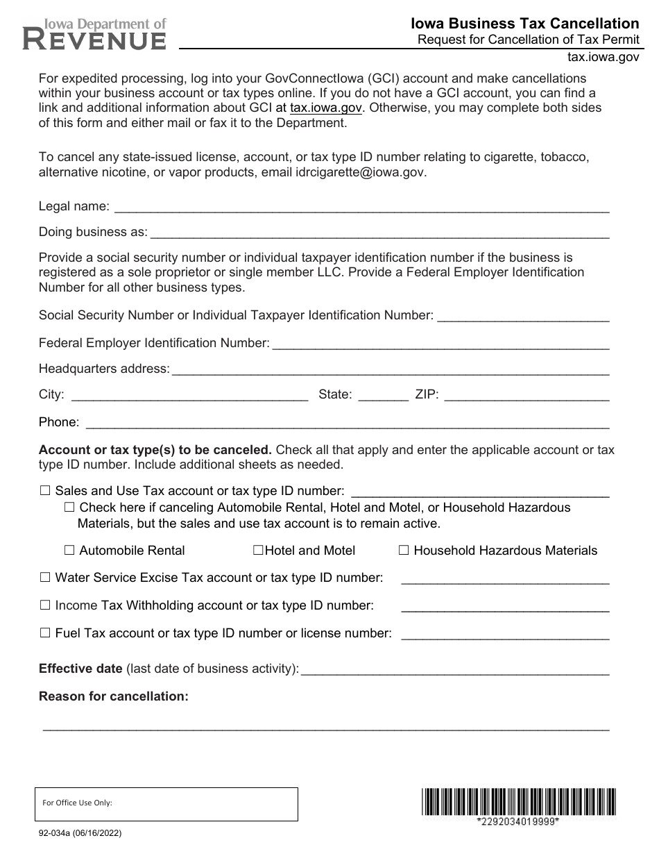 Form 92-034 Download Fillable PDF or Fill Online Iowa Business Tax Cancellation - Request for ...
