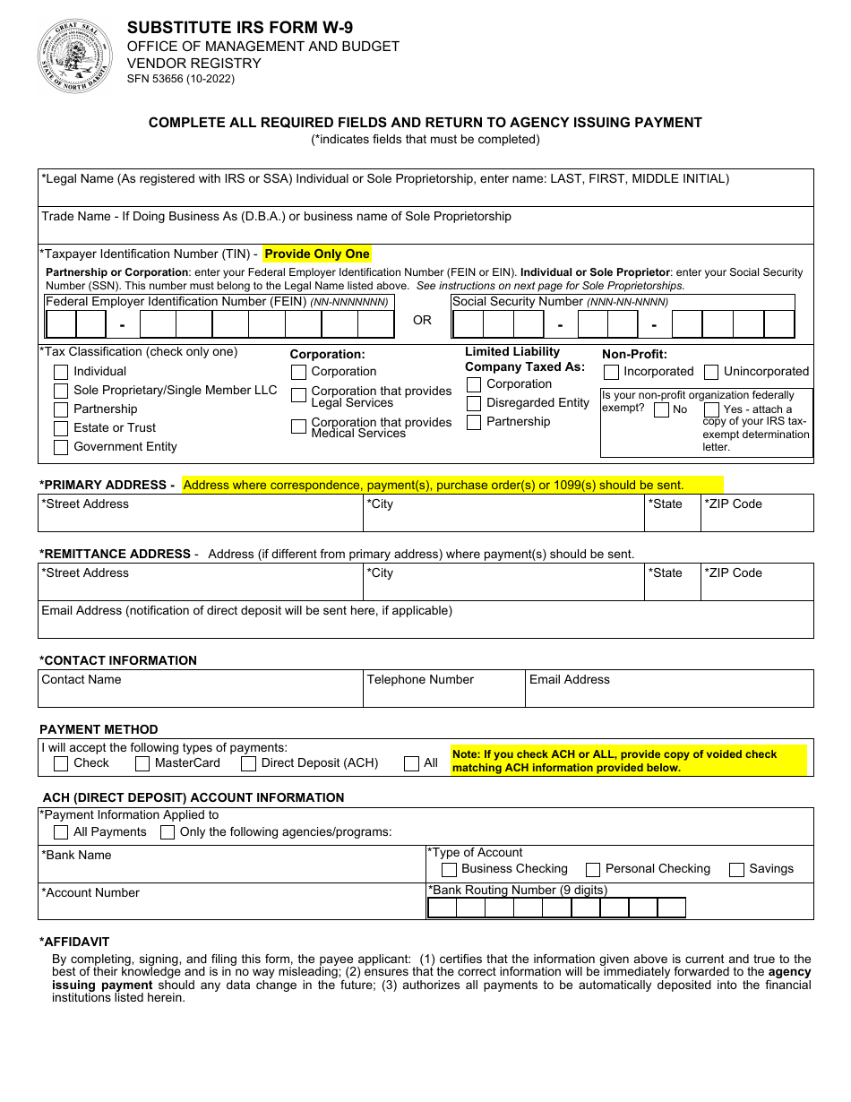 Form SFN53656 - Fill Out, Sign Online and Download Fillable PDF, North ...