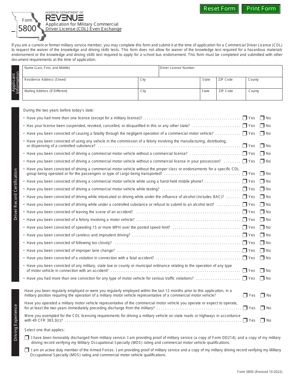 Form 5800 Download Fillable PDF or Fill Online Application for Military ...