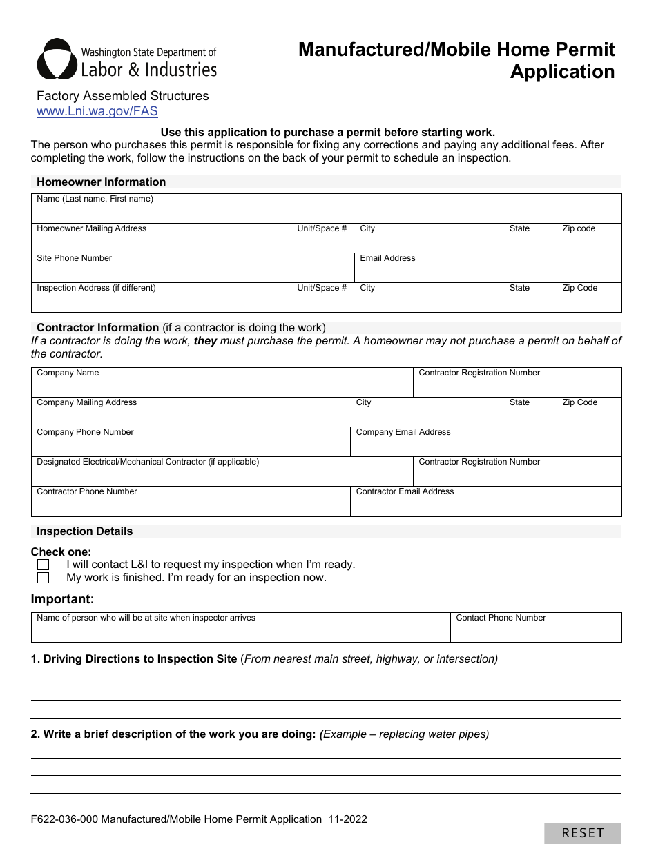 Form F622-036-000 Download Fillable PDF or Fill Online Manufactured/Mobile Home Permit ...