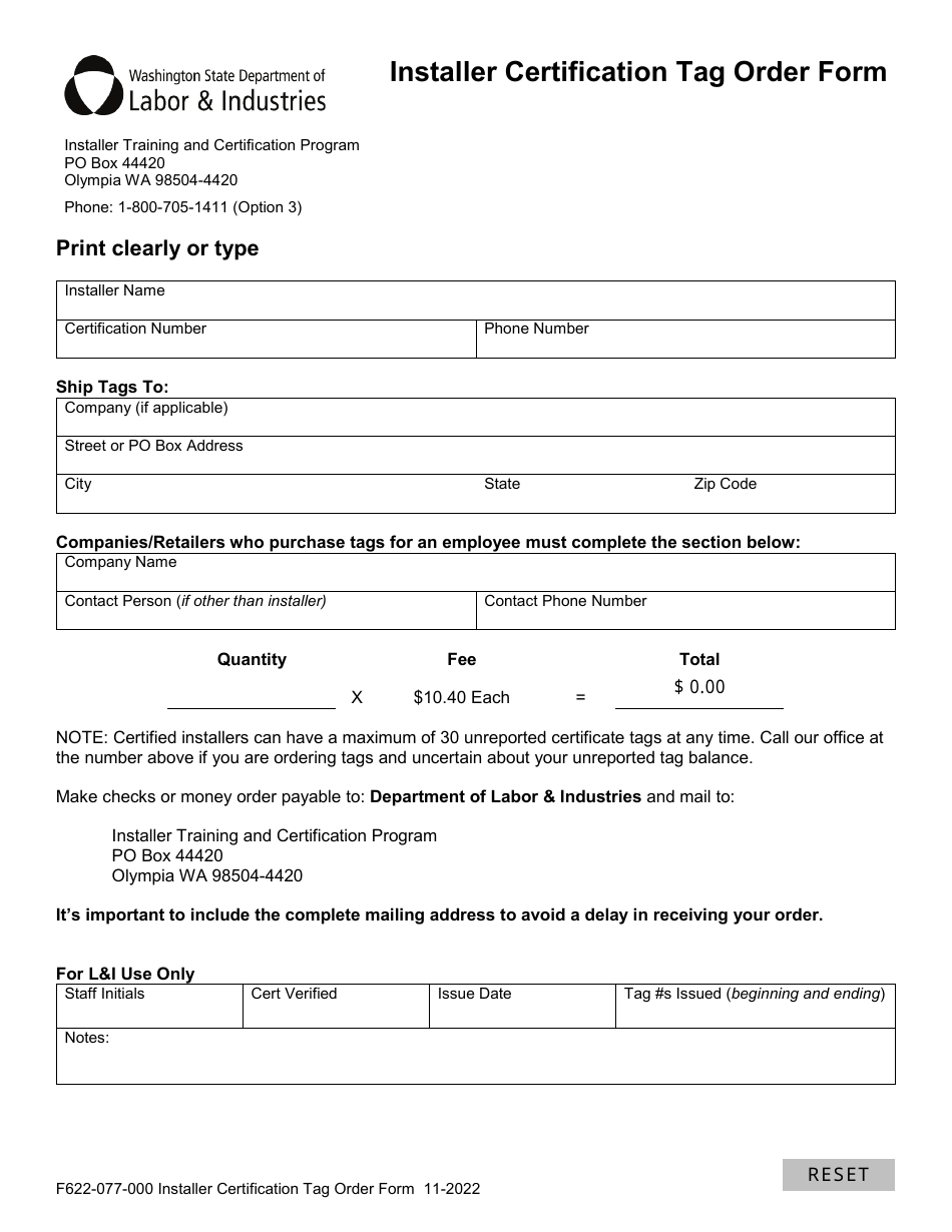 Form F622-077-000 - Fill Out, Sign Online and Download Fillable PDF, Washington | Templateroller