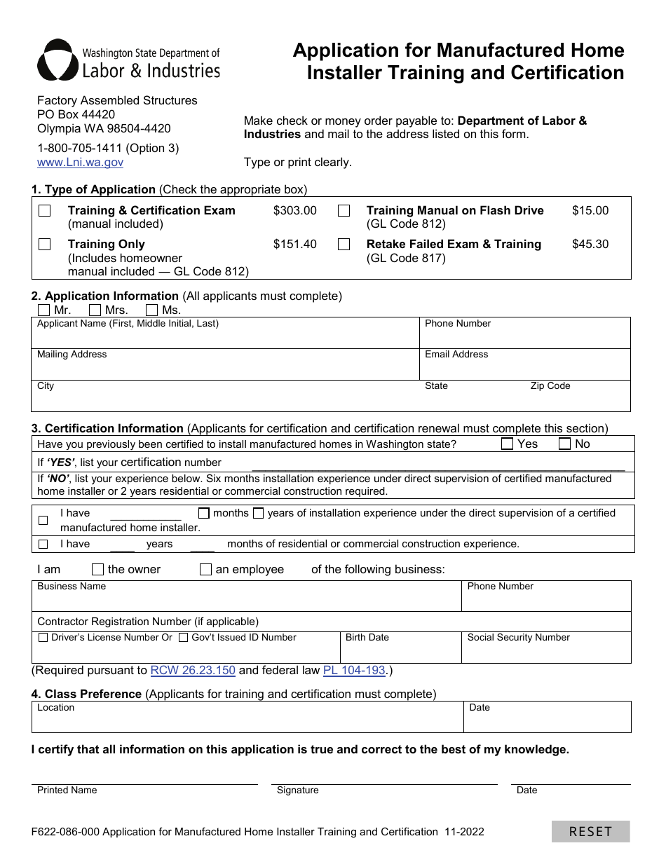 Form F622-086-000 - Fill Out, Sign Online and Download Fillable PDF, Washington | Templateroller