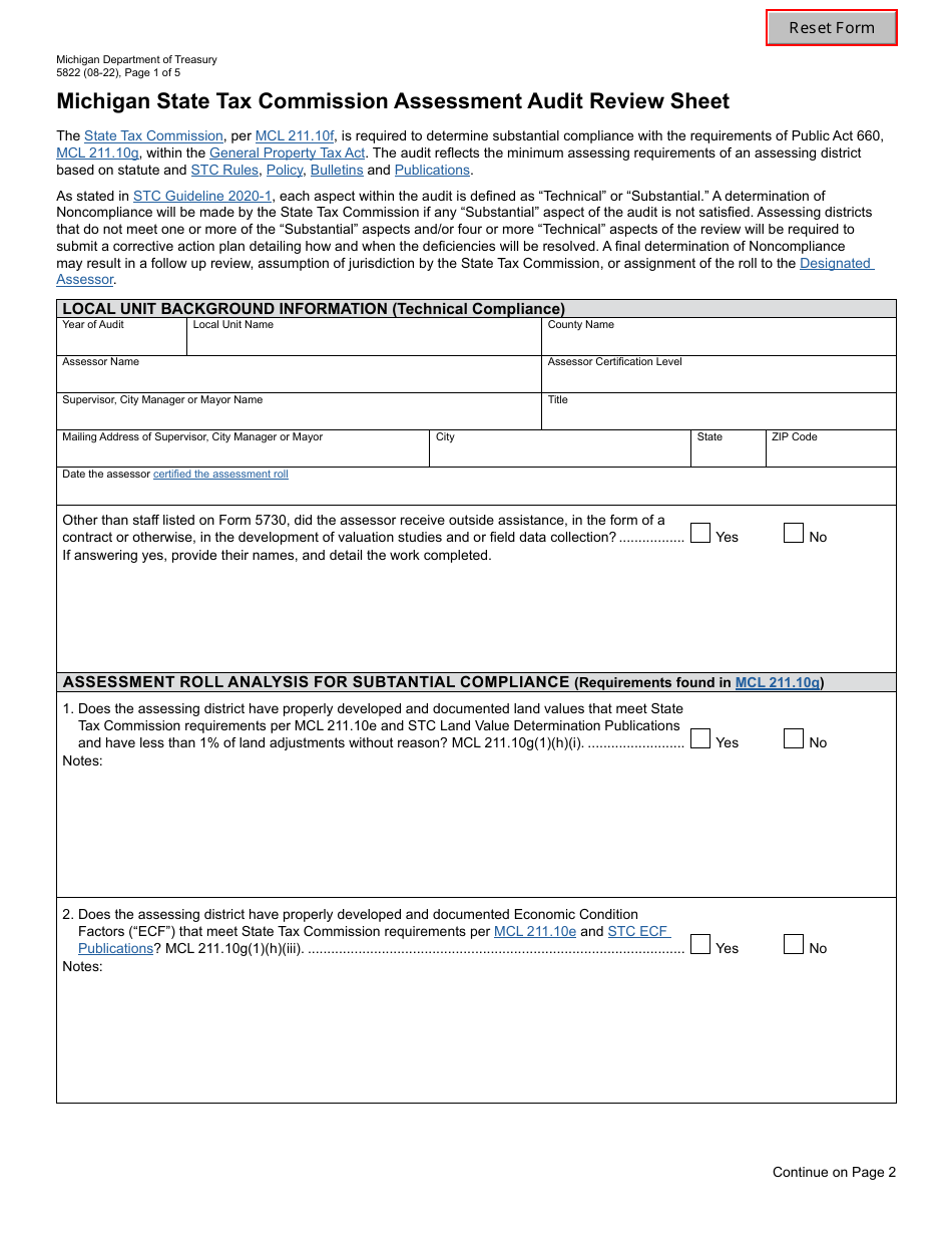 Form 5822 - Fill Out, Sign Online and Download Fillable PDF, Michigan | Templateroller