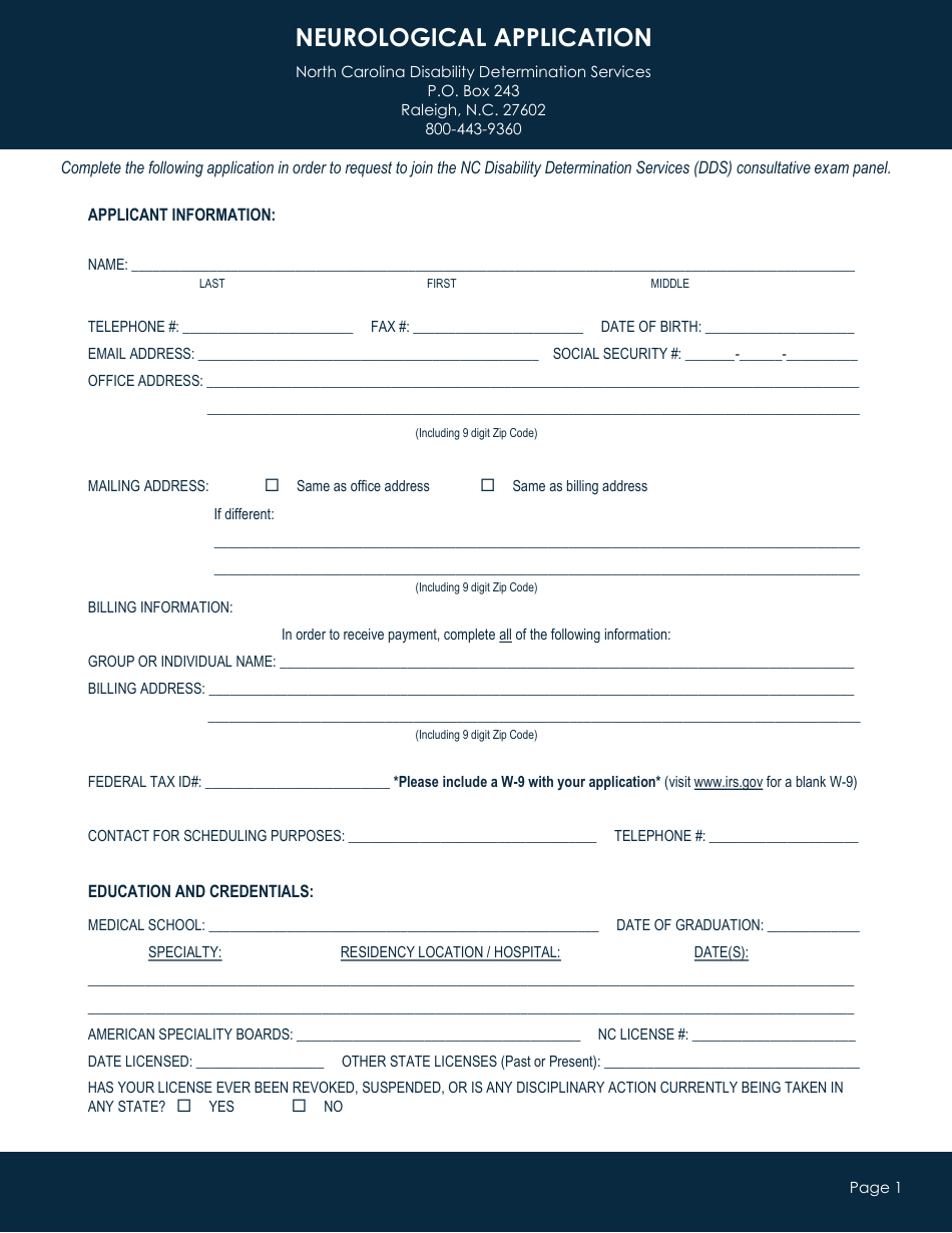 North Carolina Neurological Application - Fill Out, Sign Online and ...