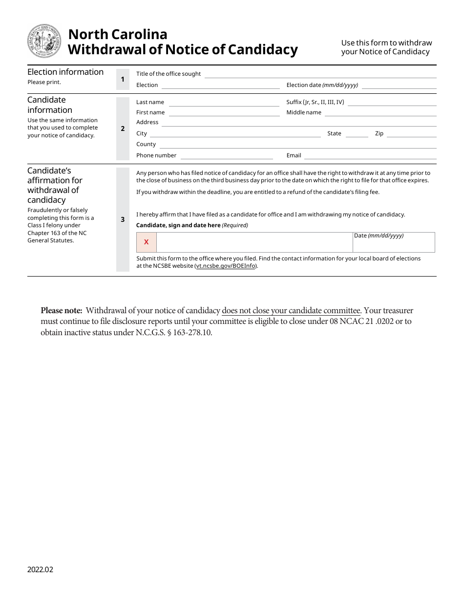 North Carolina Withdrawal of Notice of Candidacy - Fill Out, Sign ...