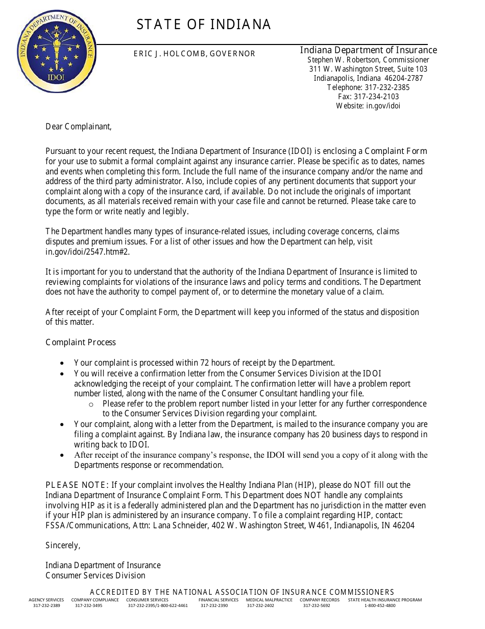 Indiana Insurance Complaint Form - Fill Out, Sign Online and Download ...