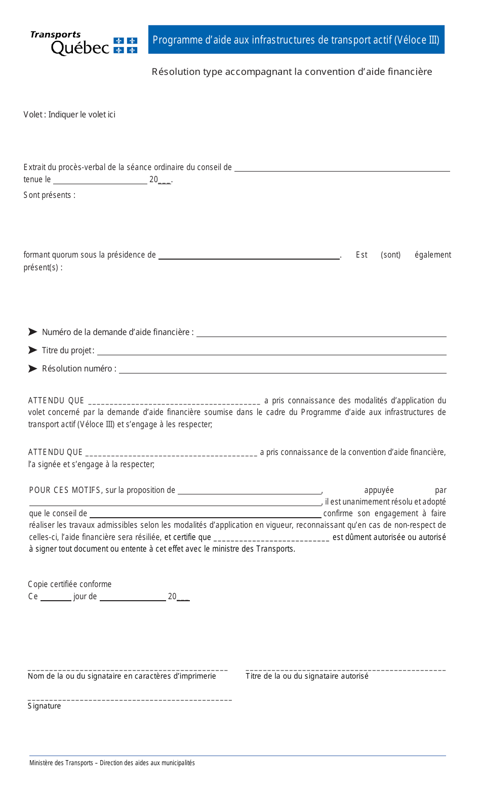 Quebec Canada Resolution Type Accompagnant La Convention D'aide ...